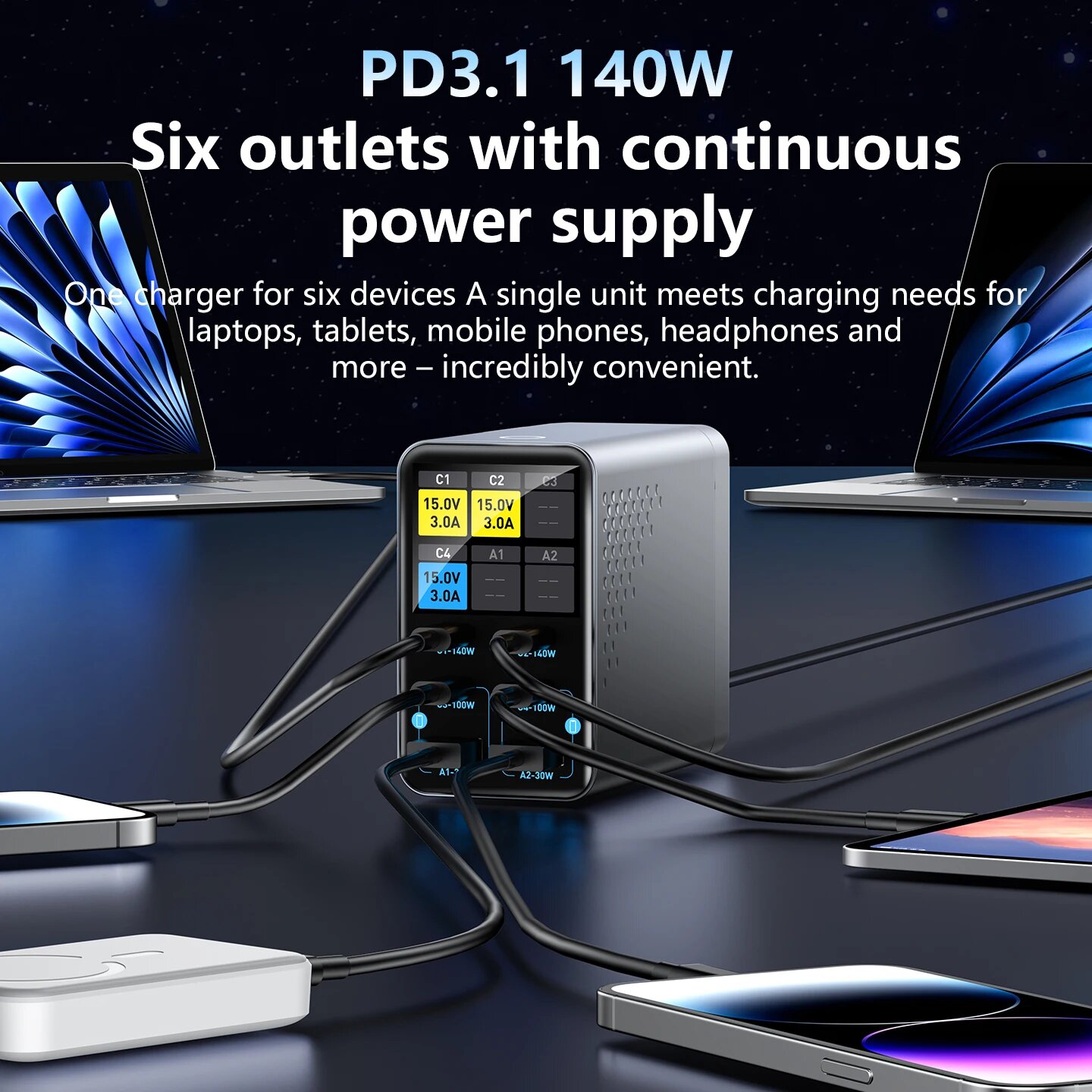 Настольное Зарядное Устройство GaN 140 Вт С 6 Портами, PD3.1 Korean Plug