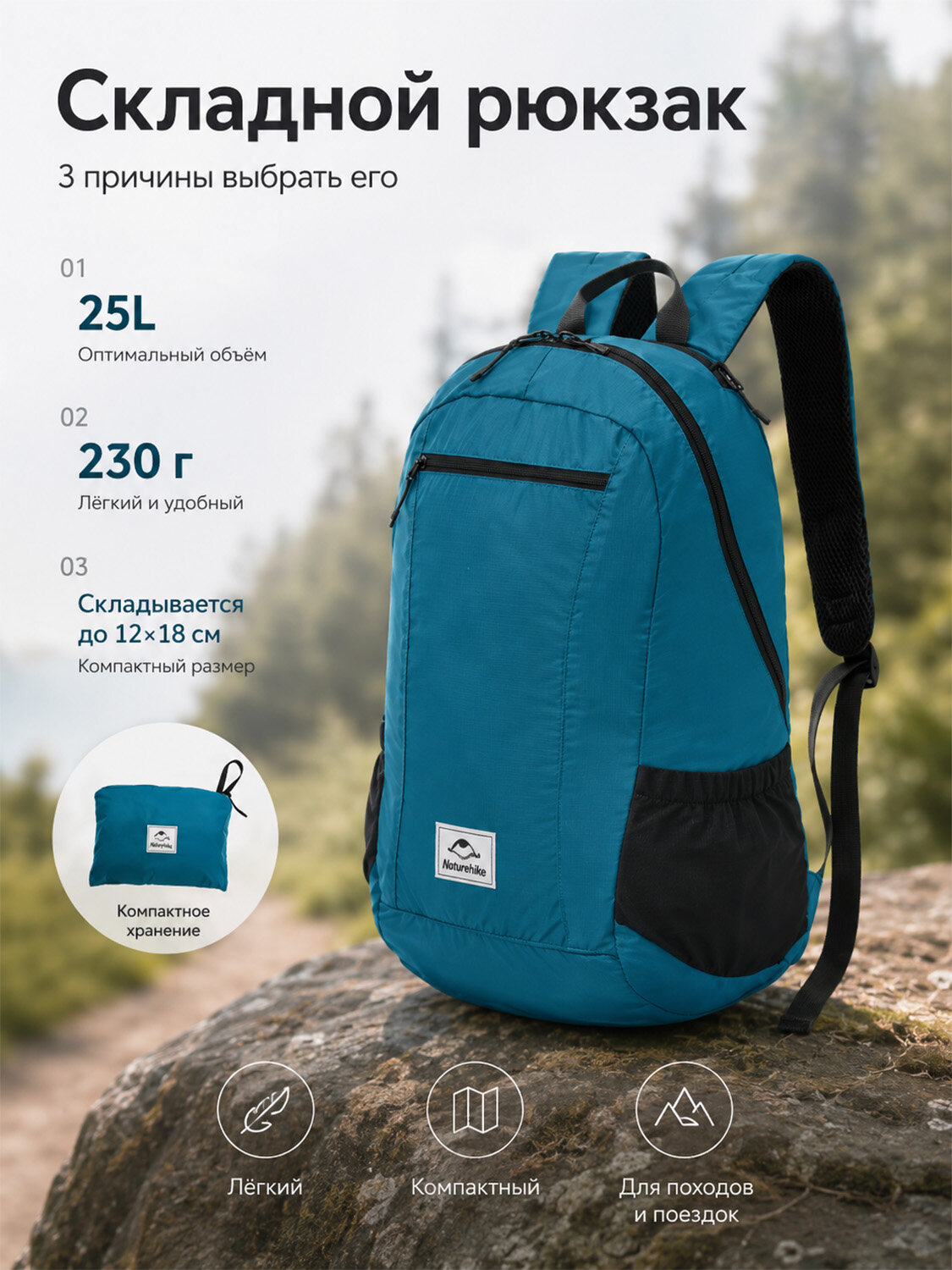 Рюкзак Naturehike складной туристический, 25 л, 230 г, водоотталкивающий, для походов и путешествий
