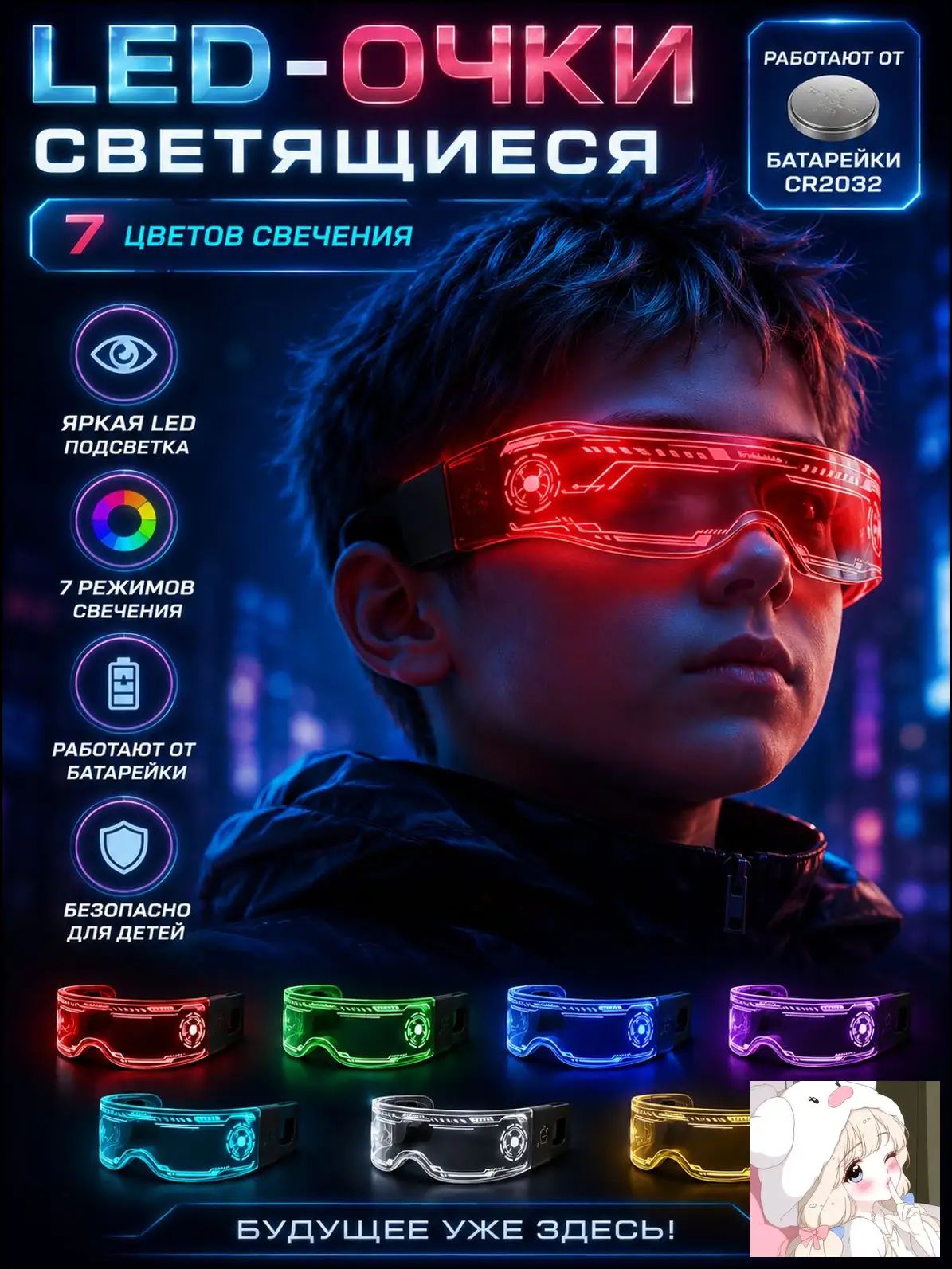 Светящиеся очки RGB 7 цветов киберпанк оправа, светодиодная подсветка для вечеринок и косплея, подарок на Хэллоуин / Новый год