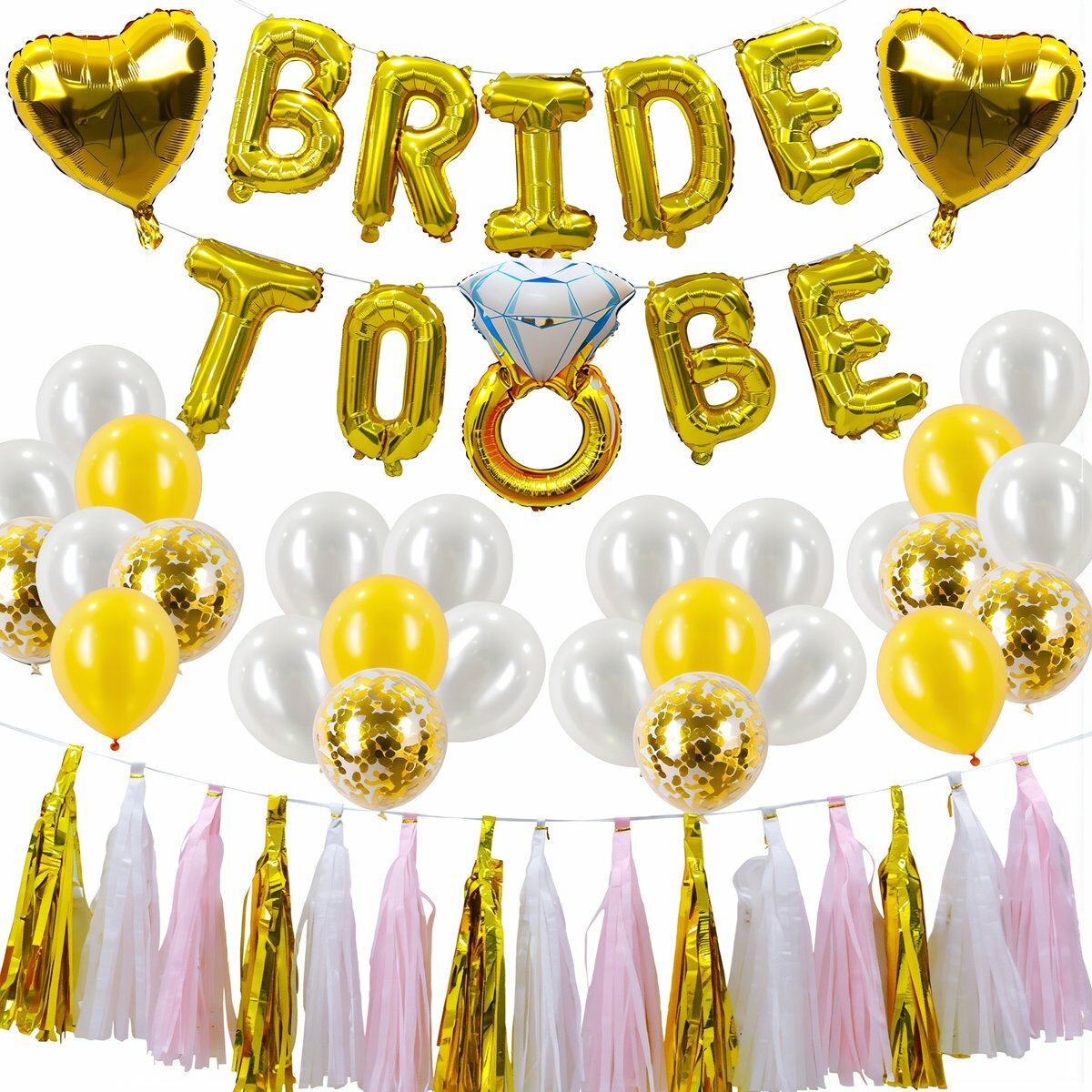Набор шаров для девичника Bride to Be с декором в виде кольца и помпонами золотой для оформления свадебного предсвадебного мероприятия для будущей невесты, BRIDETOBE набор с кольцом и помпонами золото