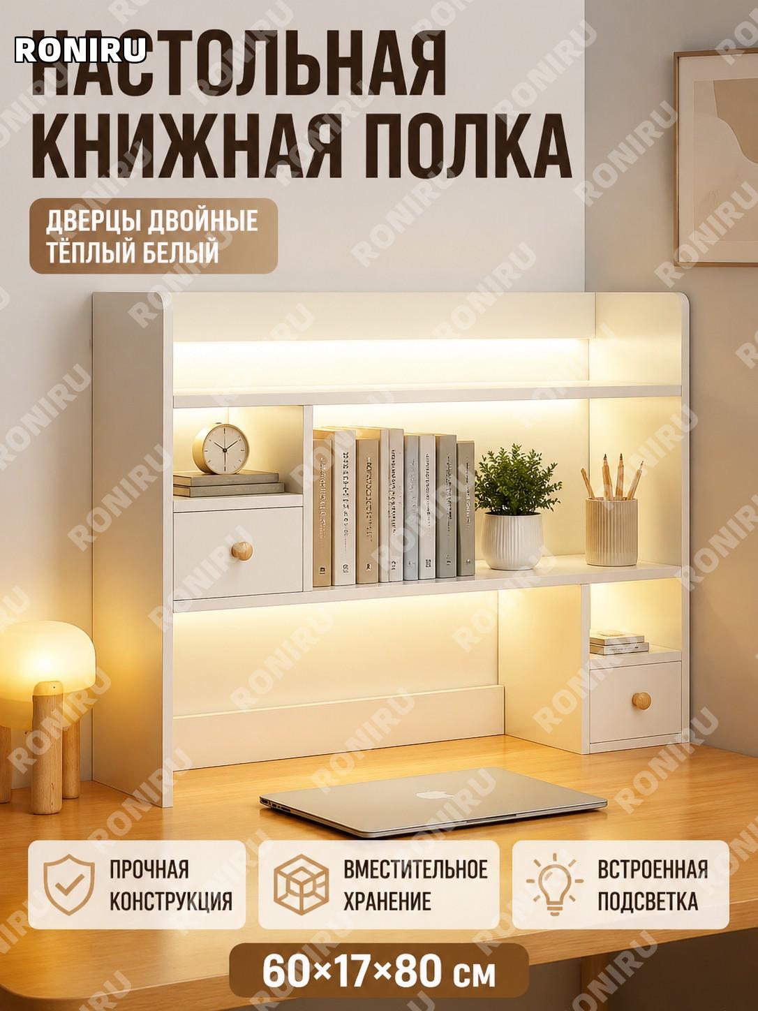Двухдверный настольный книжный шкаф 亿家达 с полками 60×17×80 см, тёплый белый, органайзер для стола дома и офиса