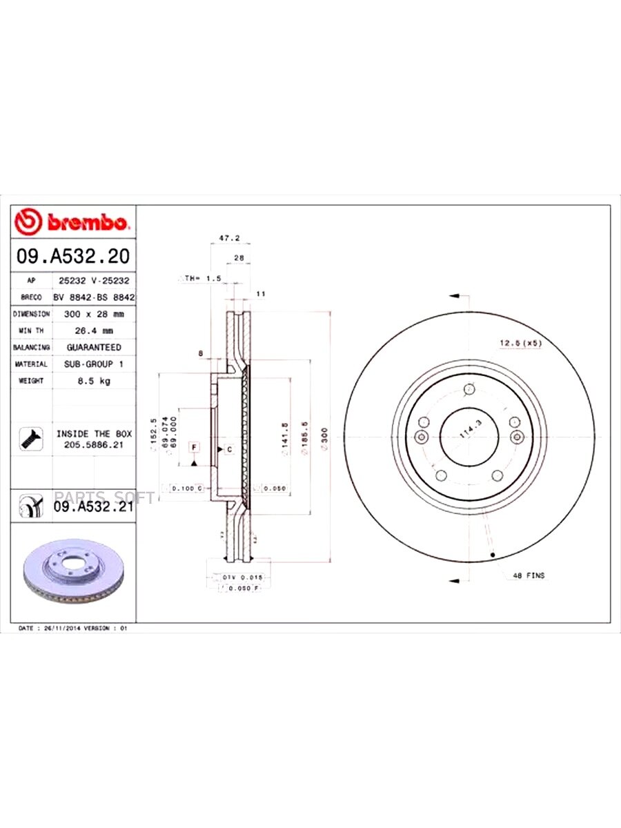 BREMBO 09A53220 09. A532.20 09. A532.20 диск тормозной передний!\ Hyundai i30 1.6/2.0/1.6D/2.0D 07> 2шт