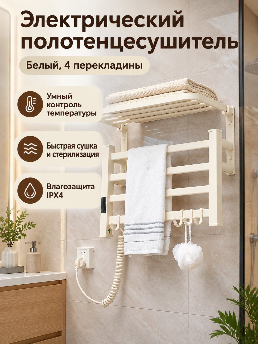 Электрическая сушилка для полотенец с 4 штангами, матовая белая, левосторонний кабель, алюминиевая, с подогревом и УФ-стерилизацией