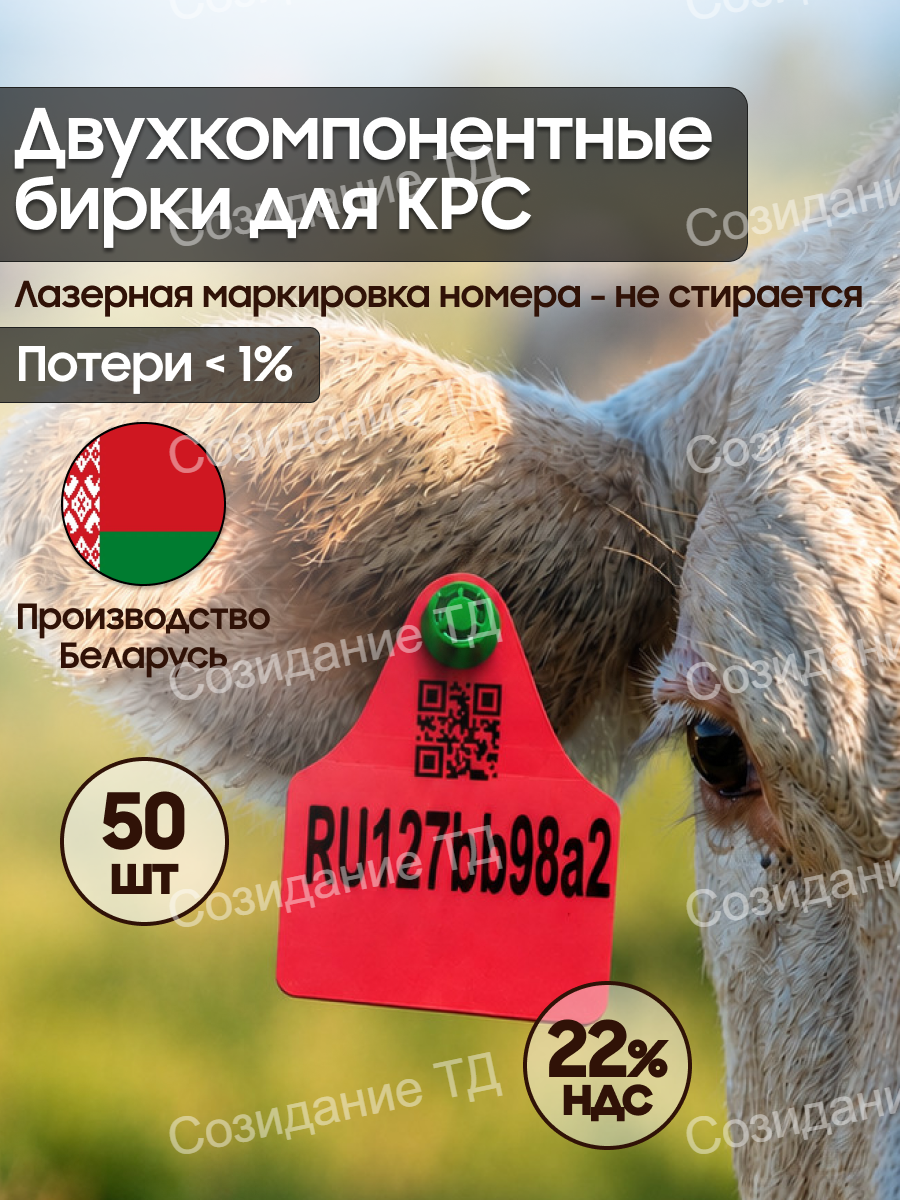 Бирки ушные для КРС, с номерами рсхн, полиуретан, 75x62мм, 50шт, красные Вест
