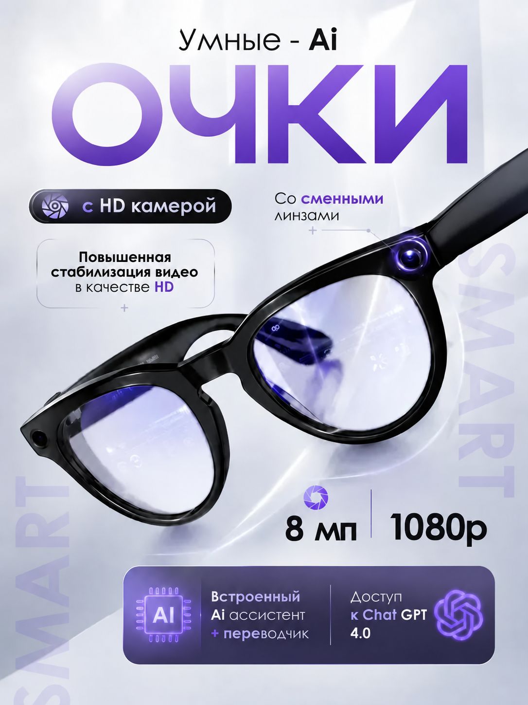 Умные очки с камерой и микрофоном, смарт-очки с камерой и микрофоном