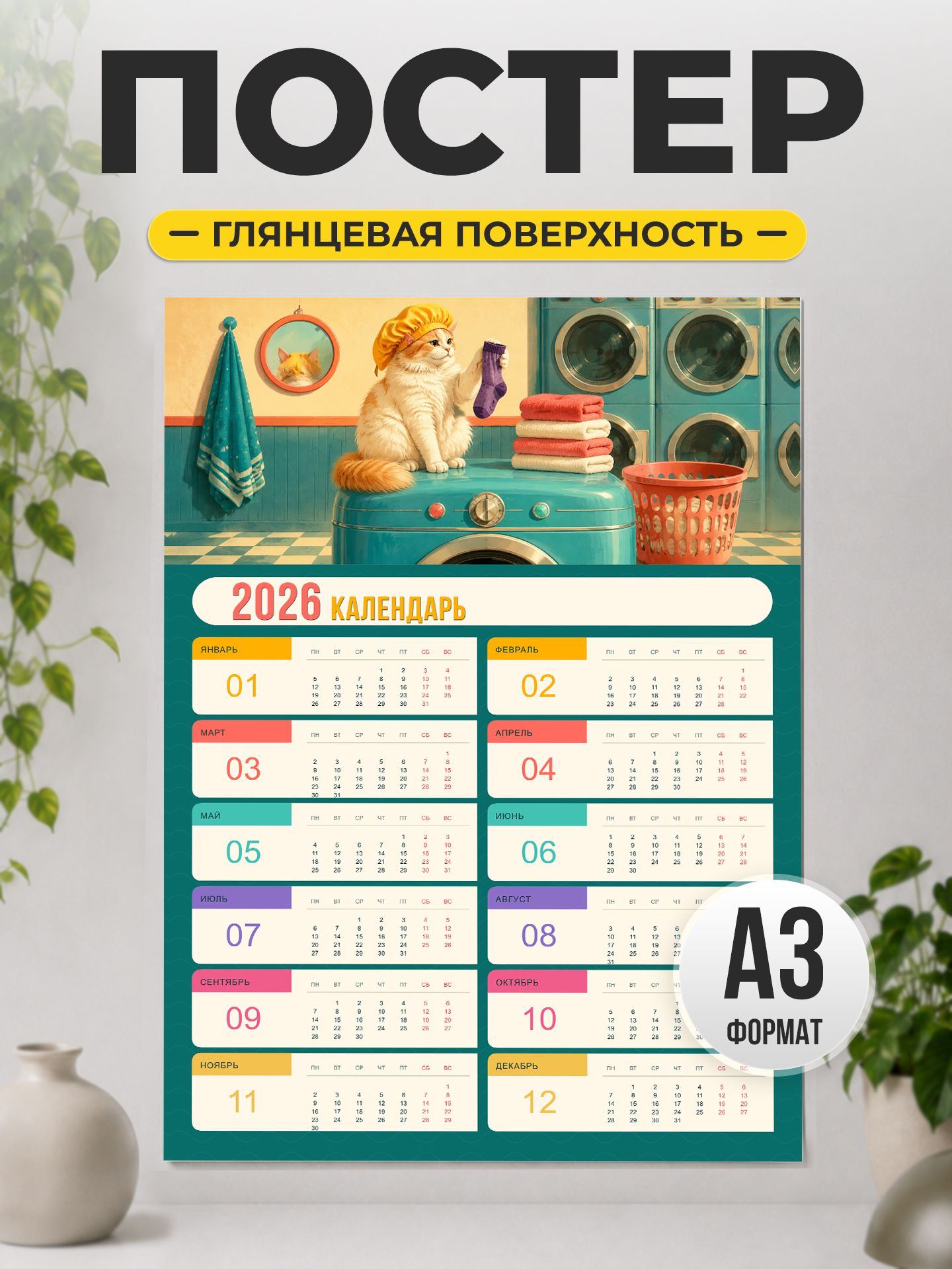 Постер календарь 2026 с котом для интерьера