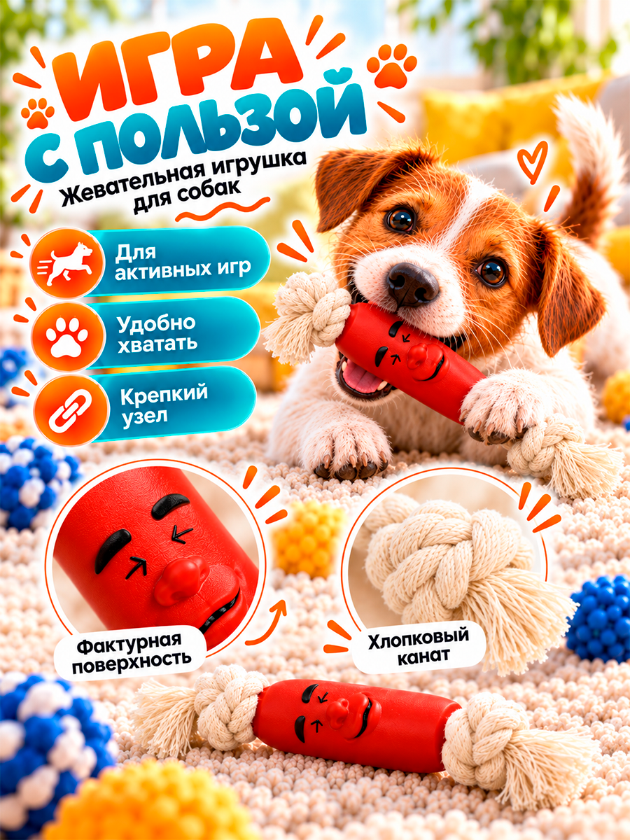 Игрушка Пижон "Сосиска в неге на верёвке" для собак, 14 см, белый/красный