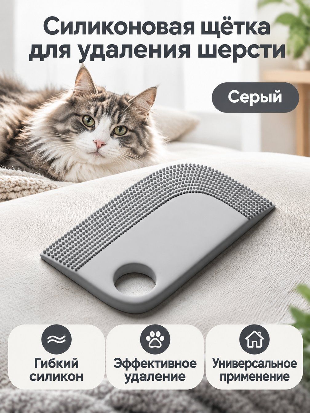 Щетка для удаления шерсти с питомцев из силикона, универсальный размер, серый цвет