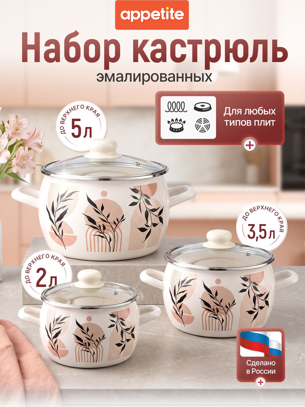 Набор эмалированных кастрюль 2,0л; 3,5л. и 5,0л. Гармония TM Appetite