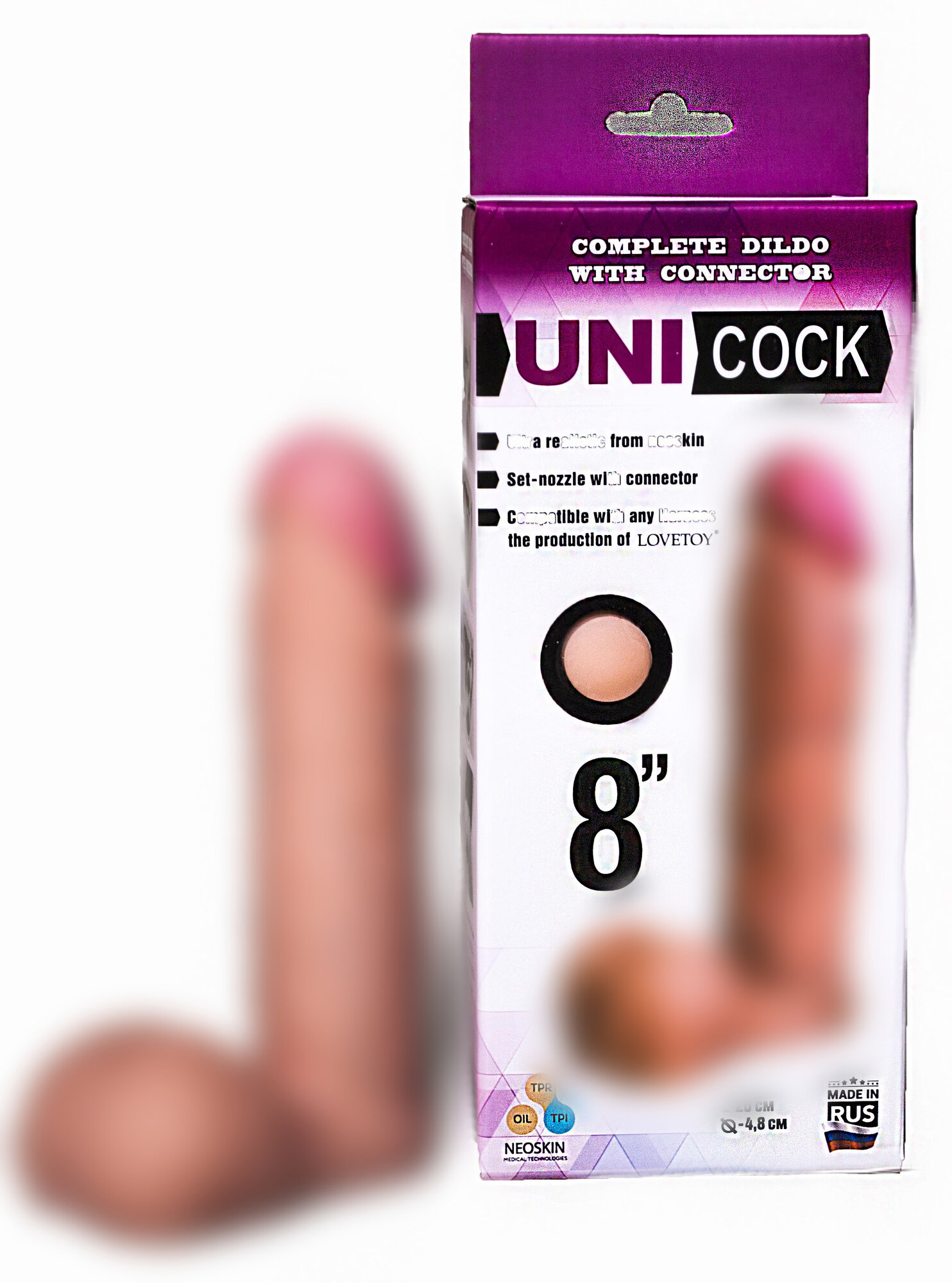 Насадка для страпона UNICOCK 8 дюймов с коннектором, реалистичный рельеф, 20х4.8 см
