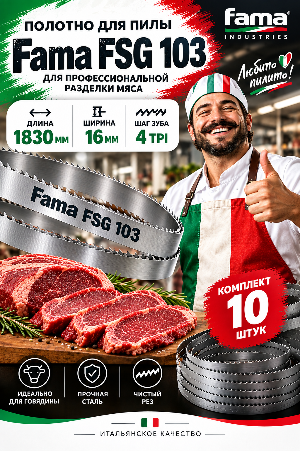 Полотно для мяса для пилы Fama FSG 103 (длина 1830 мм, ширина 16 мм, толщина 0.5-0.6 мм, шаг 4 tpi) комплект 10 штук