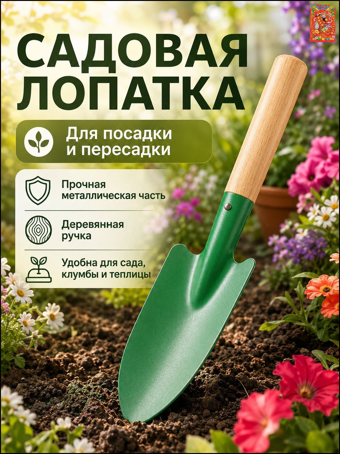 Совок садовый 28 см ширина 8 см нержавеющая сталь хаки