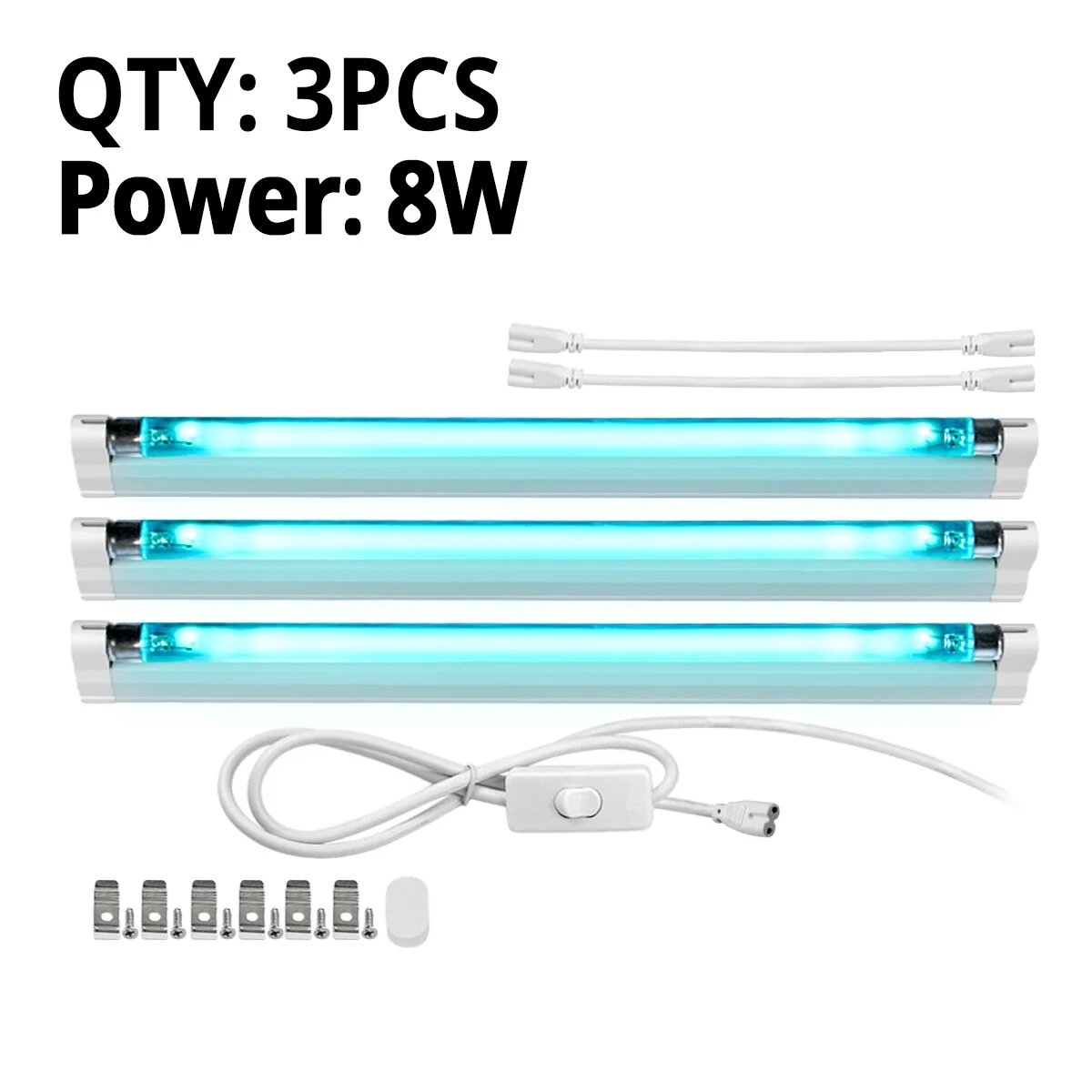 УФ кварцевая лампа CHNAITEKE для дезинфекции 6Вт/8Вт 3Pcs 8W LED Tube, 220V European Plug