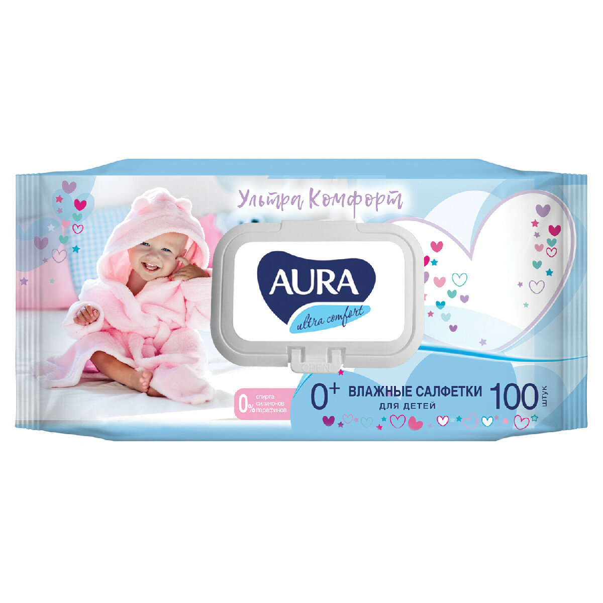 Салфетки влажные комплект 100 шт, для детей AURA "Ultra comfort", гипоаллергенные, без спирта, крышка-клапан, 6486