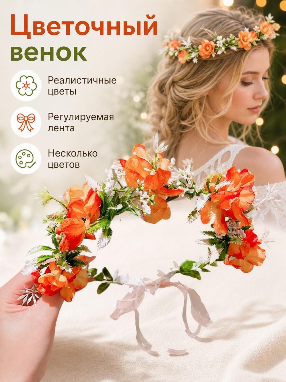 Венок на голову из цветов / венок для волос женский, детский / ободок на голову.