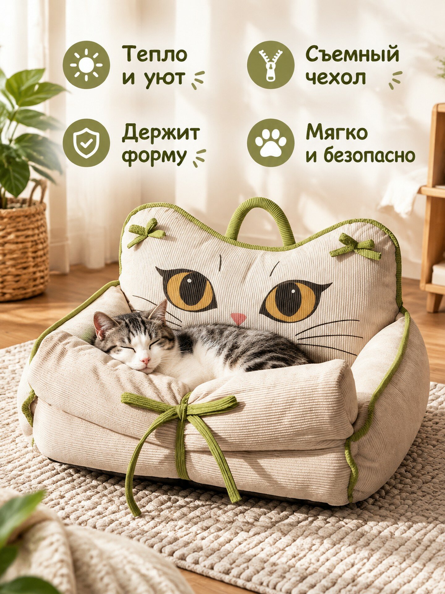 Теплая зимняя лежанка для собак и кошек с съемным чехлом, мягкая подстилка, 30 см, quilt, strip, cat, 50x40x