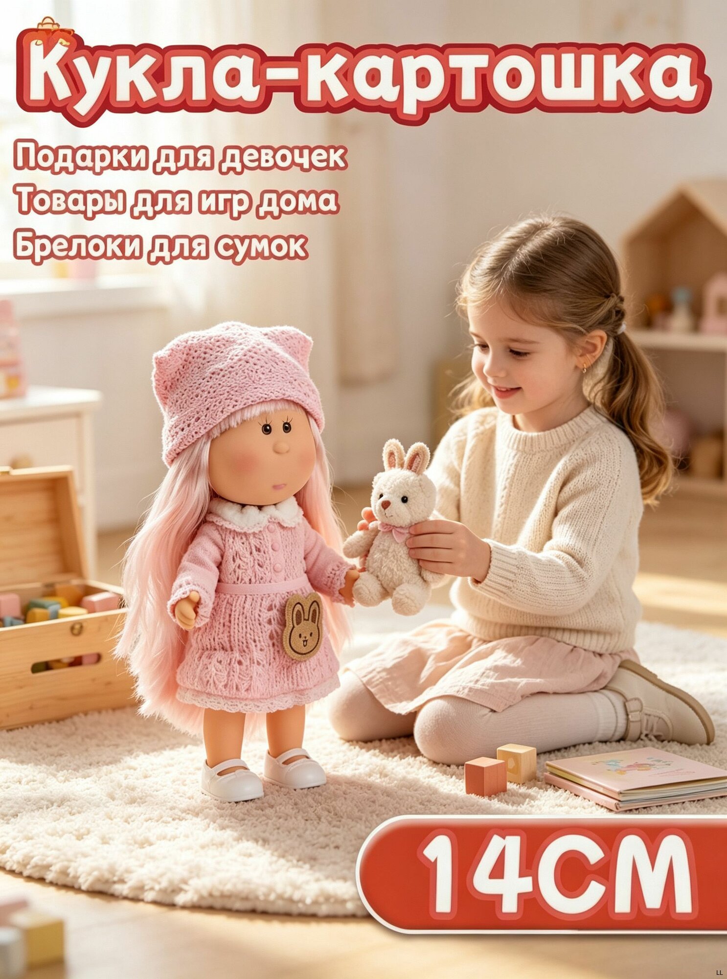 Милая кукла-картошка высотой 14 см с одеждой и брелоком.