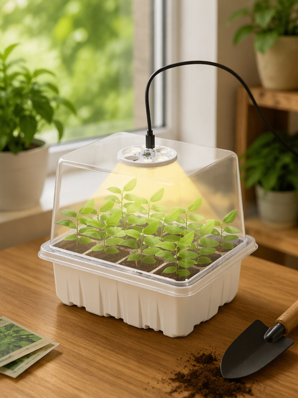 Мини-парник для рассады для дома с крышкой и LED-подсветкой, USB, ABS-пластик, 21×19 см, белый