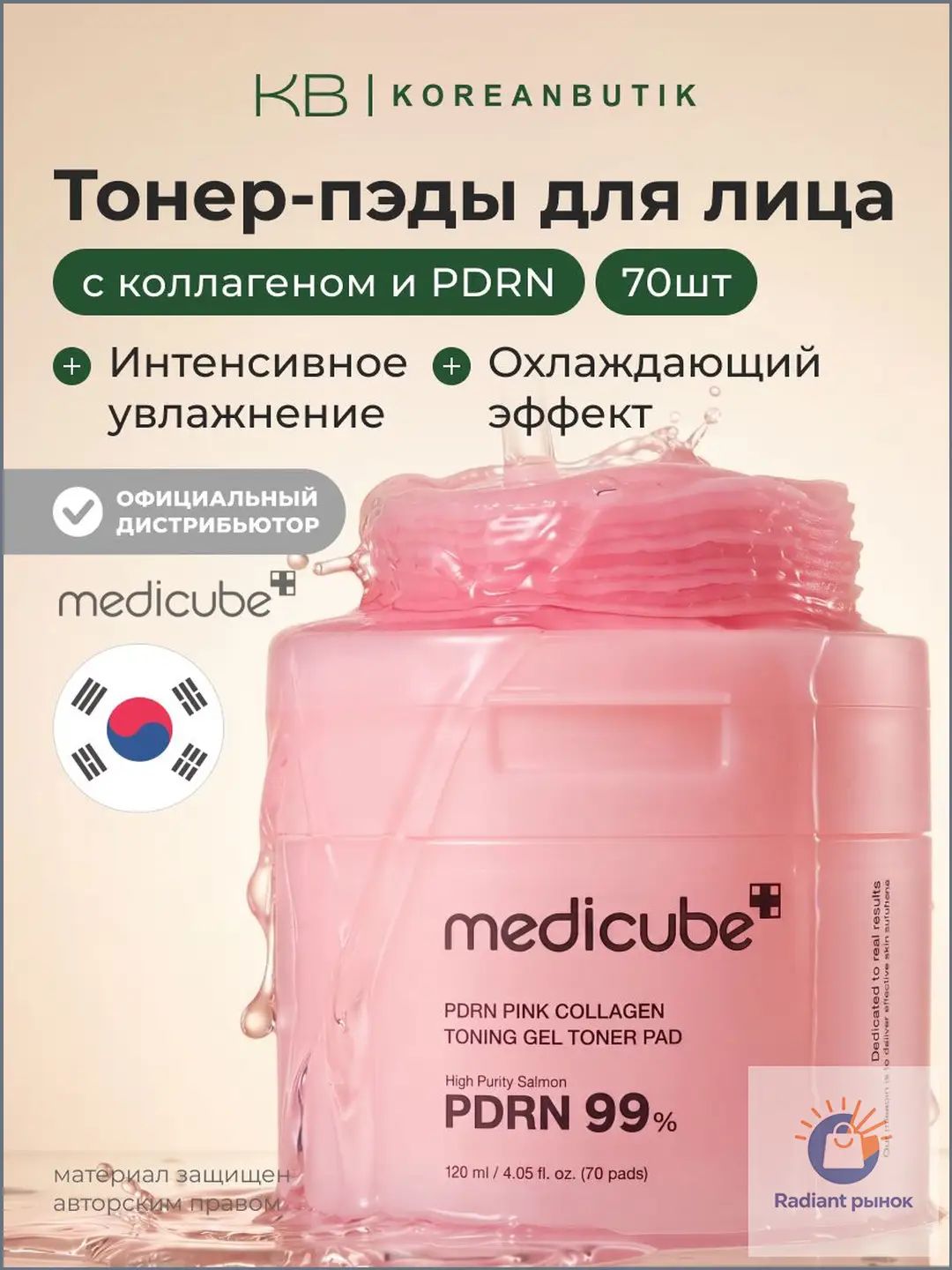 Тонер-пэды для лица PDRN Pink Collagen Toning Gel Toner Pad, 70 шт