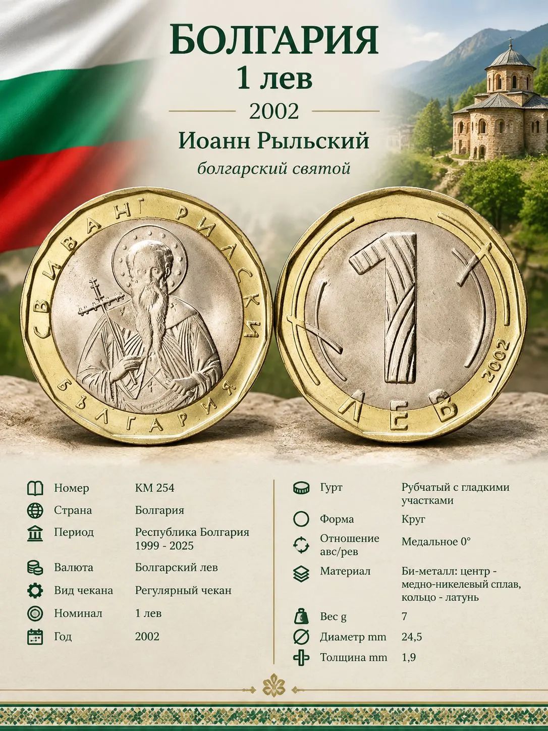 Болгария 1 лев, 2002 Иоанн Рыльский XF