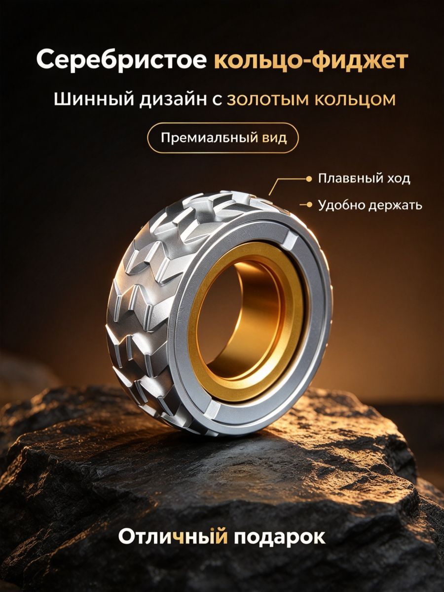 Кольцо-фиджет спиннер антистресс вращающееся в виде автомобильной шины, чёрное металлическое, с золотой внутренней стороной, для снятия стресса и концентрации
