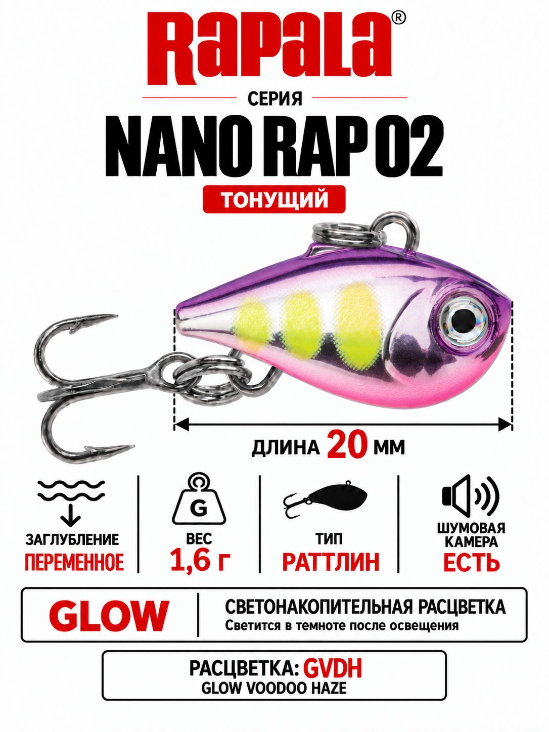 Воблер RAPALA Nano Rap 02 GVDH тонущий 2см, 1,6гр.