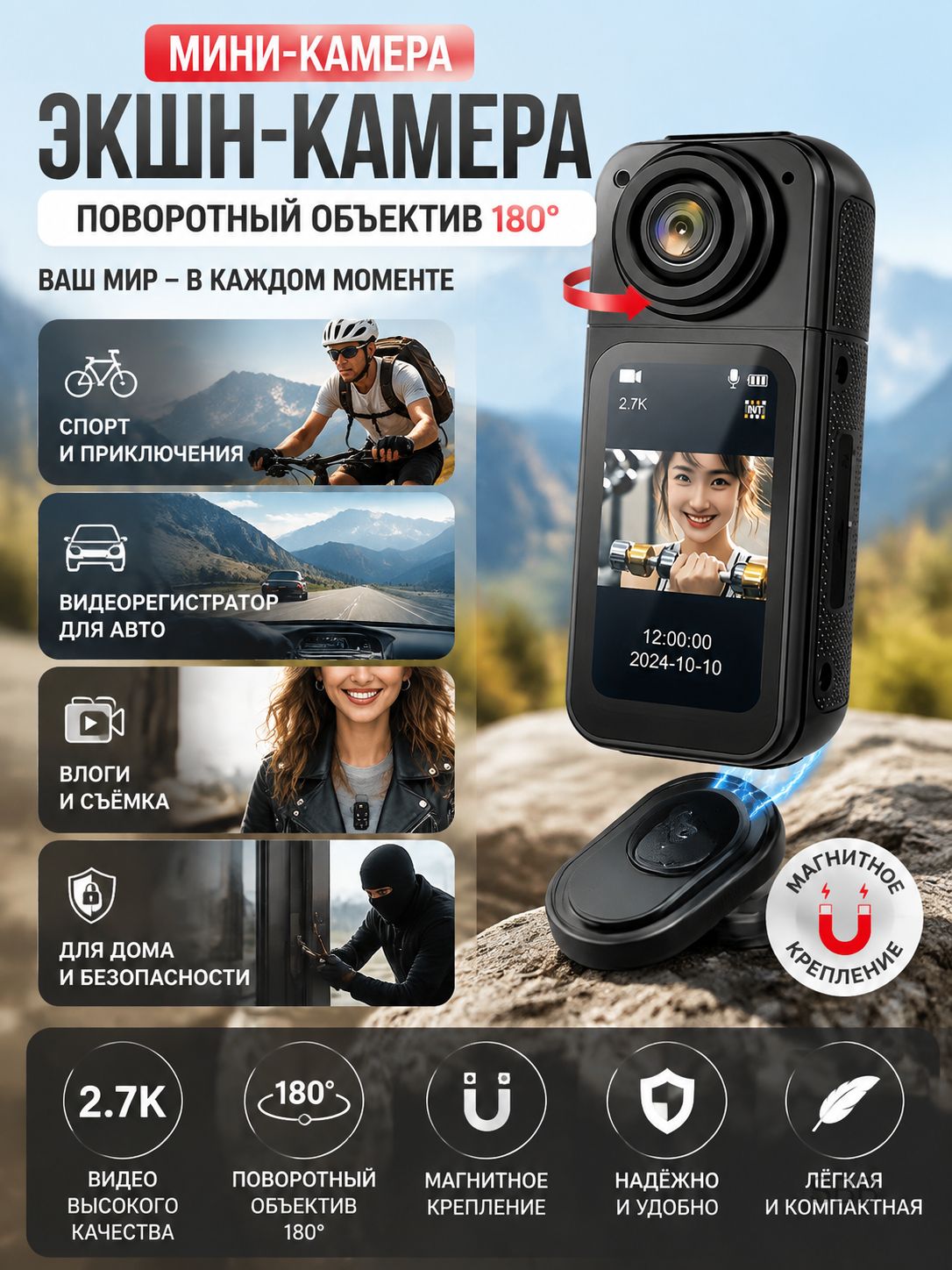 Спортивная камера для большого пальца с магнитным креплением 180 и HD-видео, черный
