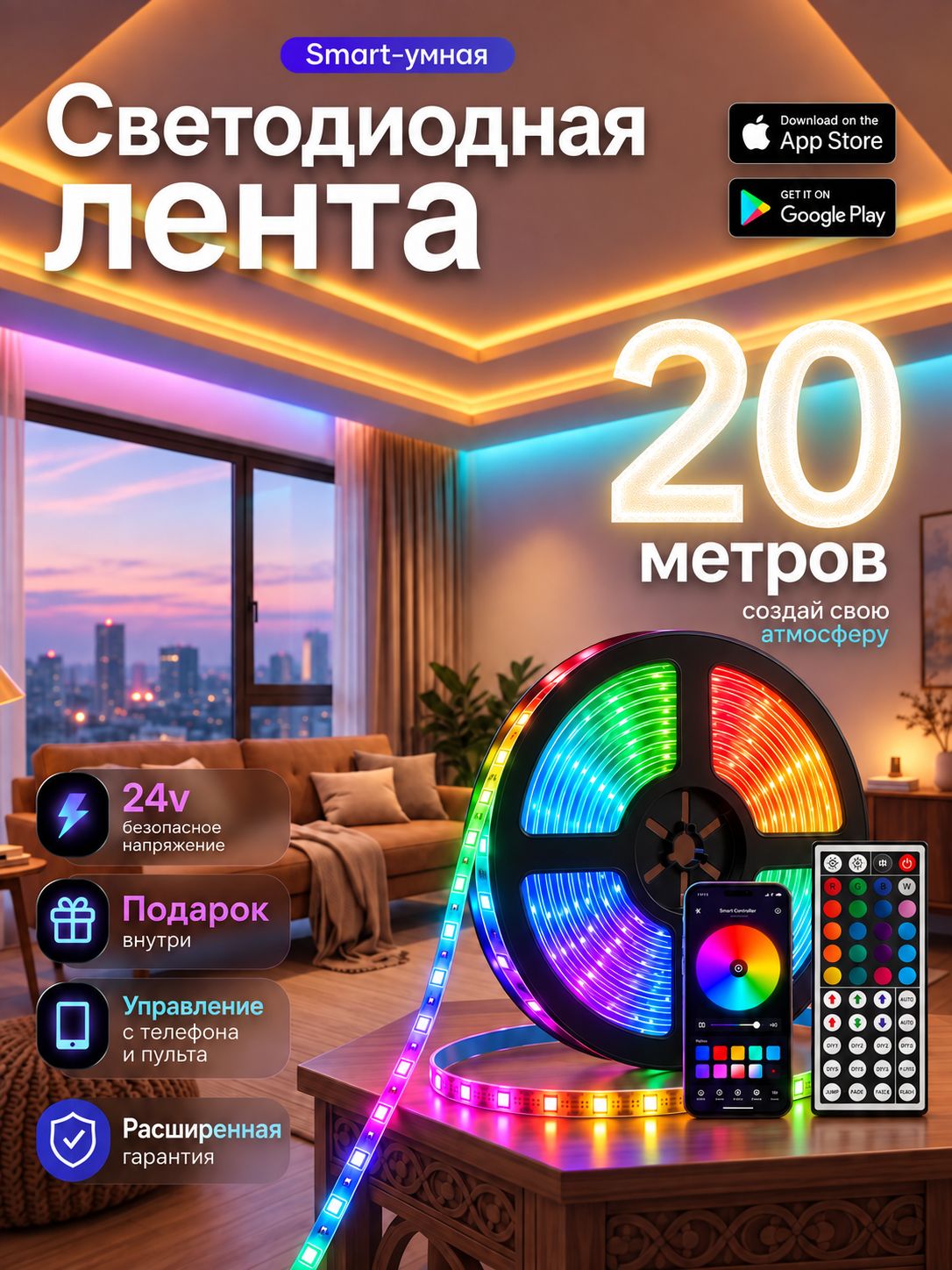 Светодиодная лента 20 метров