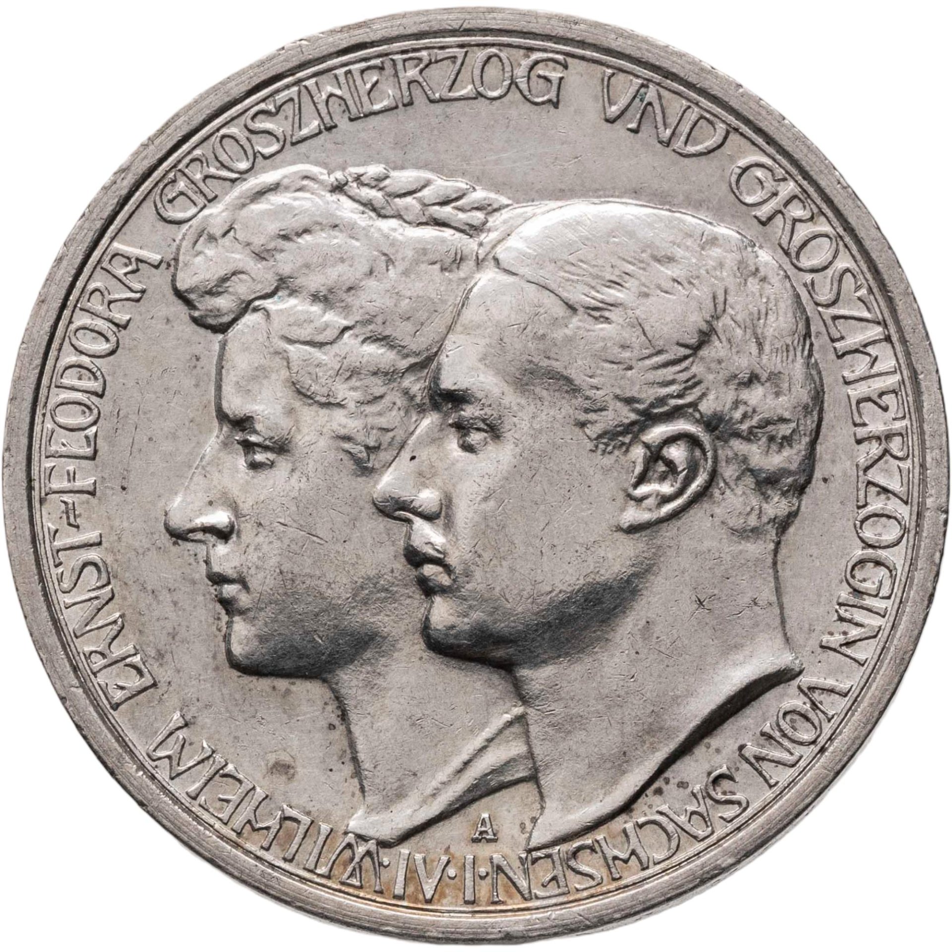 Германская Империя, Саксен-Веймар-Эйзенах 3 марки mark 1910 "Свадьба Вильгельма и Феодоры", Серебро 900, в сохранности XF-AU