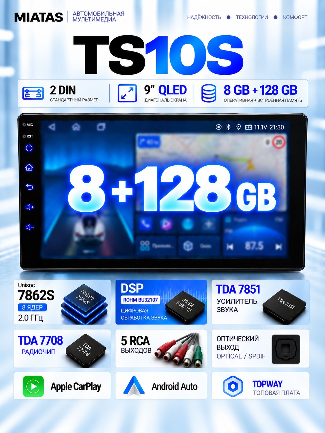 Автомагнитола 2DIN 9" QLED Android 8 ядер 8/128 ГБ, DSP, CarPlay, Android Auto MIATAS