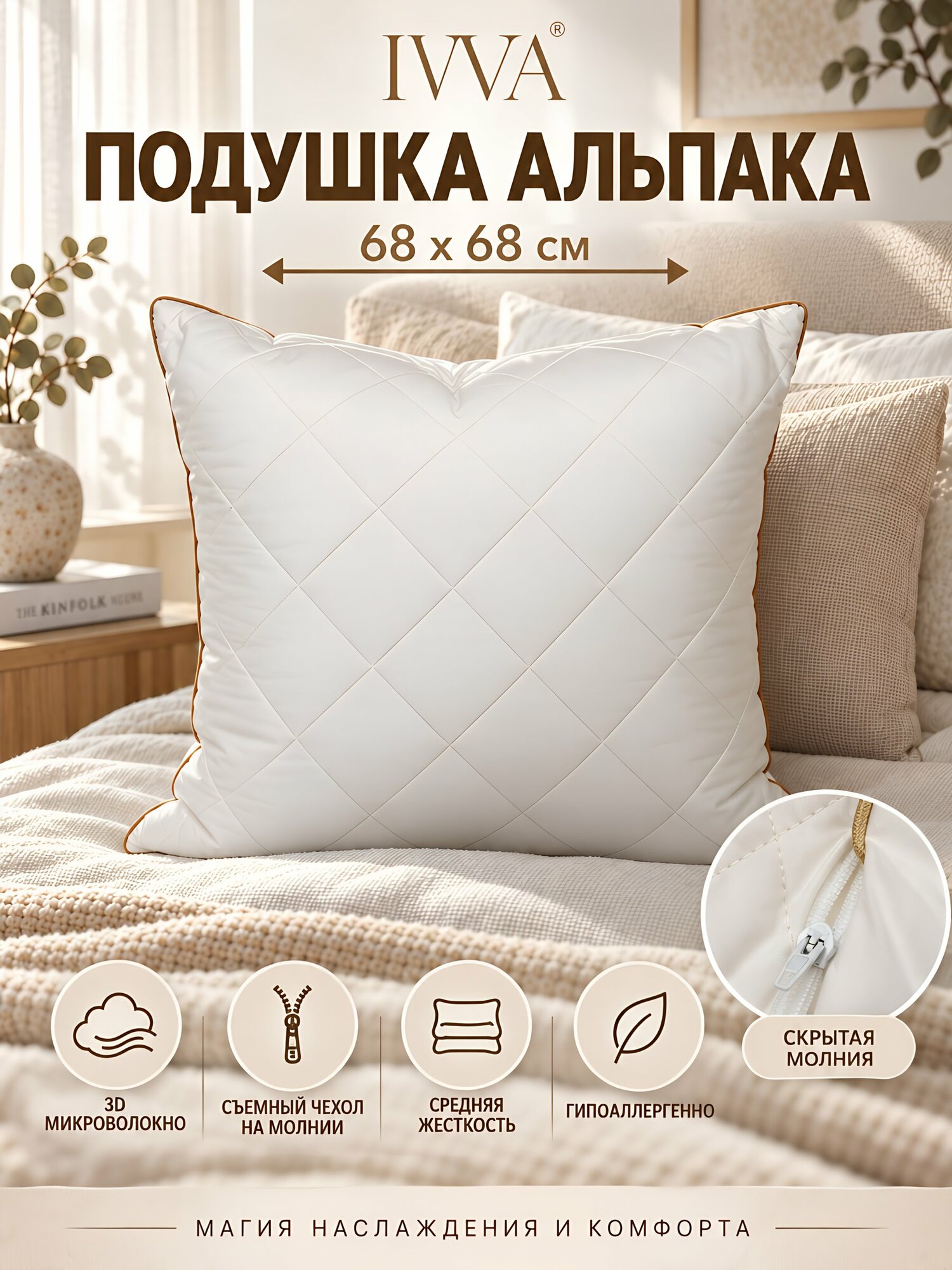 Подушка IVVA Альпака 68х68 см, средняя, с микроволокном и съемным чехлом на молнии