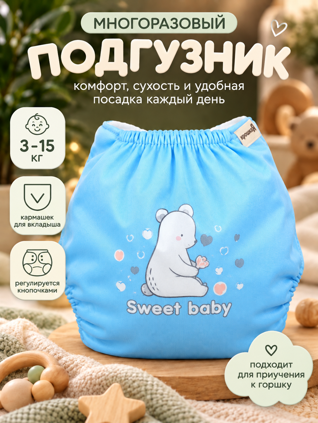 Многоразовый подгузник «Sweet baby», 3-8 кг, цвет бирюзовый, Крошка Я