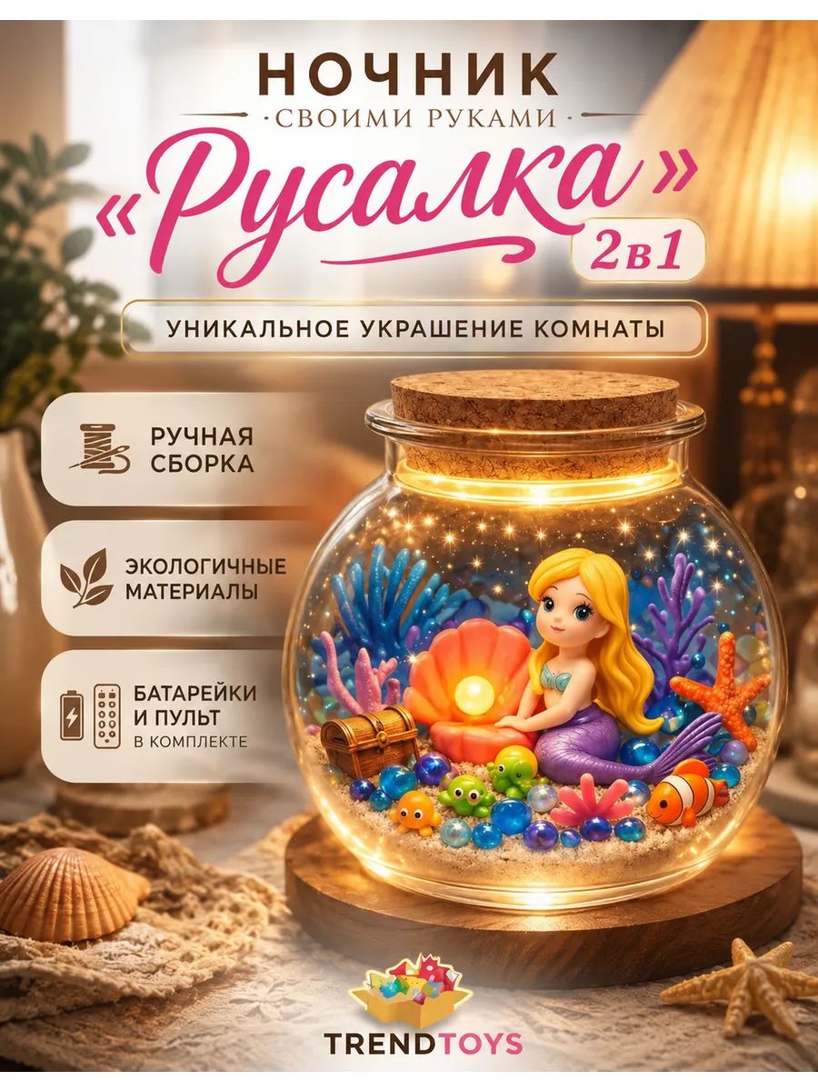 Творческий набор ночник Русалочка / Детский творческий набор для создания поделки своими руками / Ночник с пультом в детскую комнату / Подарок девочке