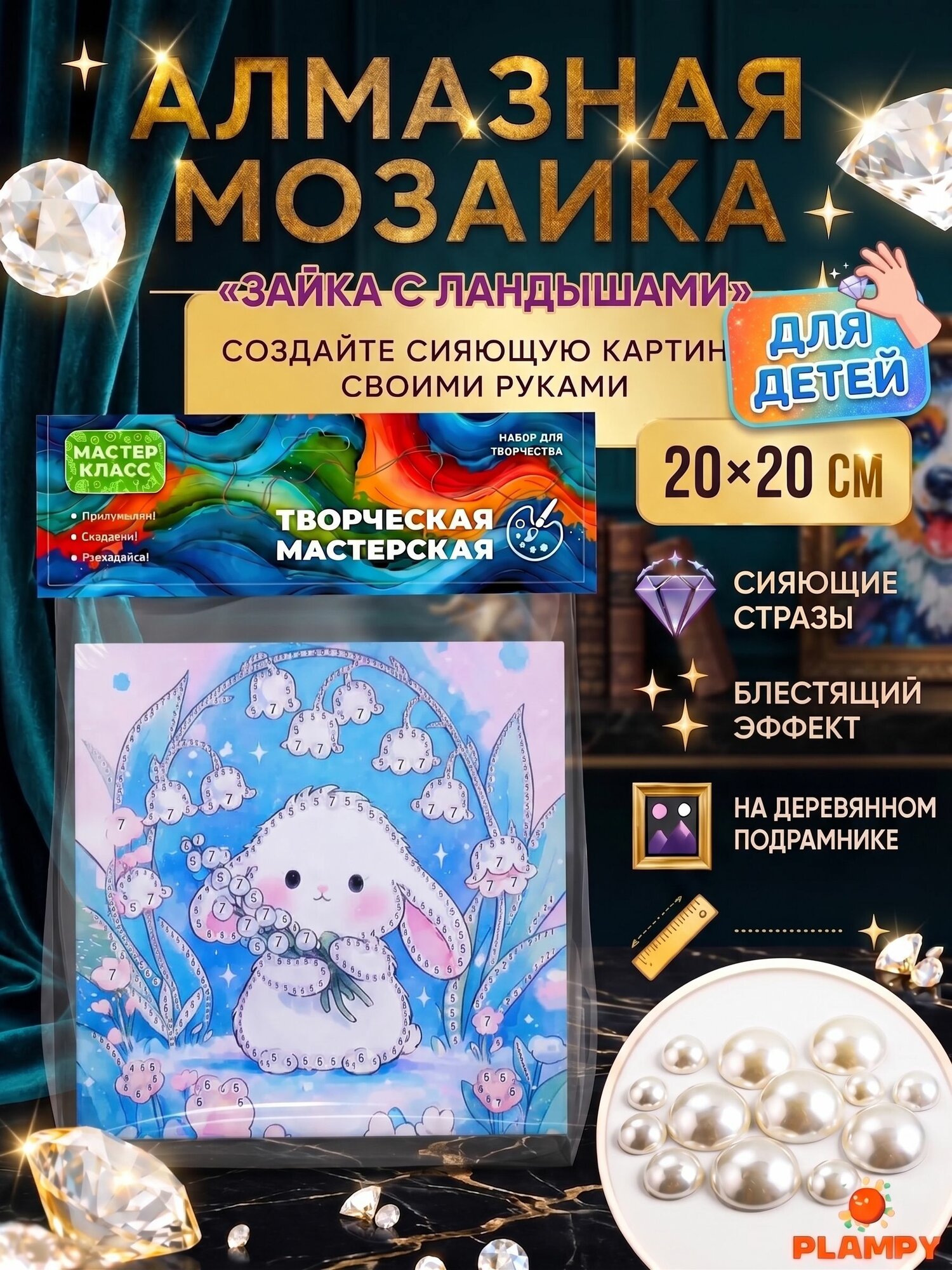 Алмазная мозаика на подрамнике Plampy Зайка с ландышами, 20х20 см
