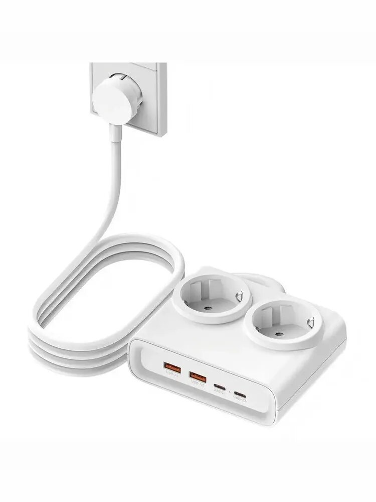 Удлинитель PDC25 GaN 25W Ультратонкая плоская вилка, 2 розетки Schuko + 4 USB (2C+2A), 1.6м для эстетики вашего рабочего столас плоской вилкой 1.3 см для дома и офиса
