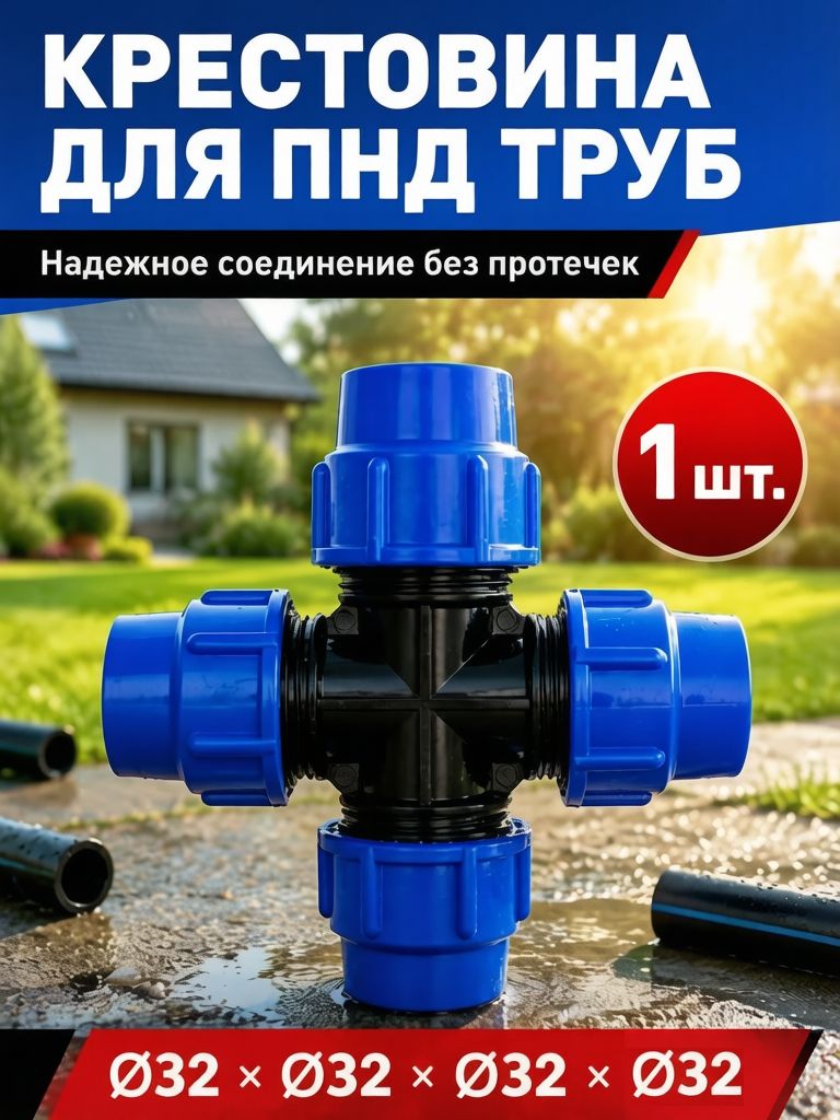 Крестовина компрессионная для ПЭ труб, четырехходовой фитинг для водопровода и полива32x32x32x32mm