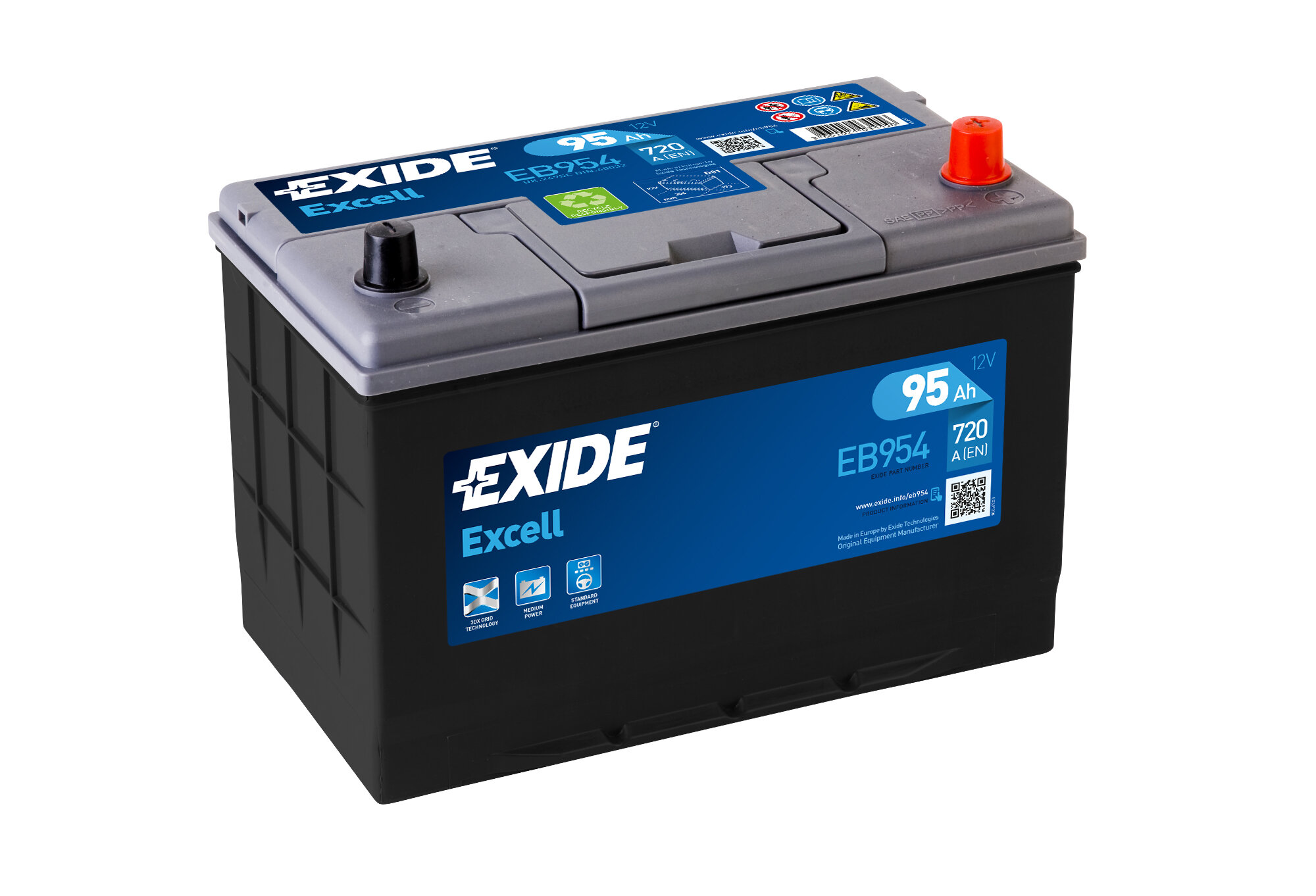Батарея аккумуляторная Excell, 12в 95а/ч Exide EB954 для Citroen C-Crosser (2007-н. в.), Daewoo REXTON GAB (2002-н. в.), Daihatsu Rocky (1984-1998)