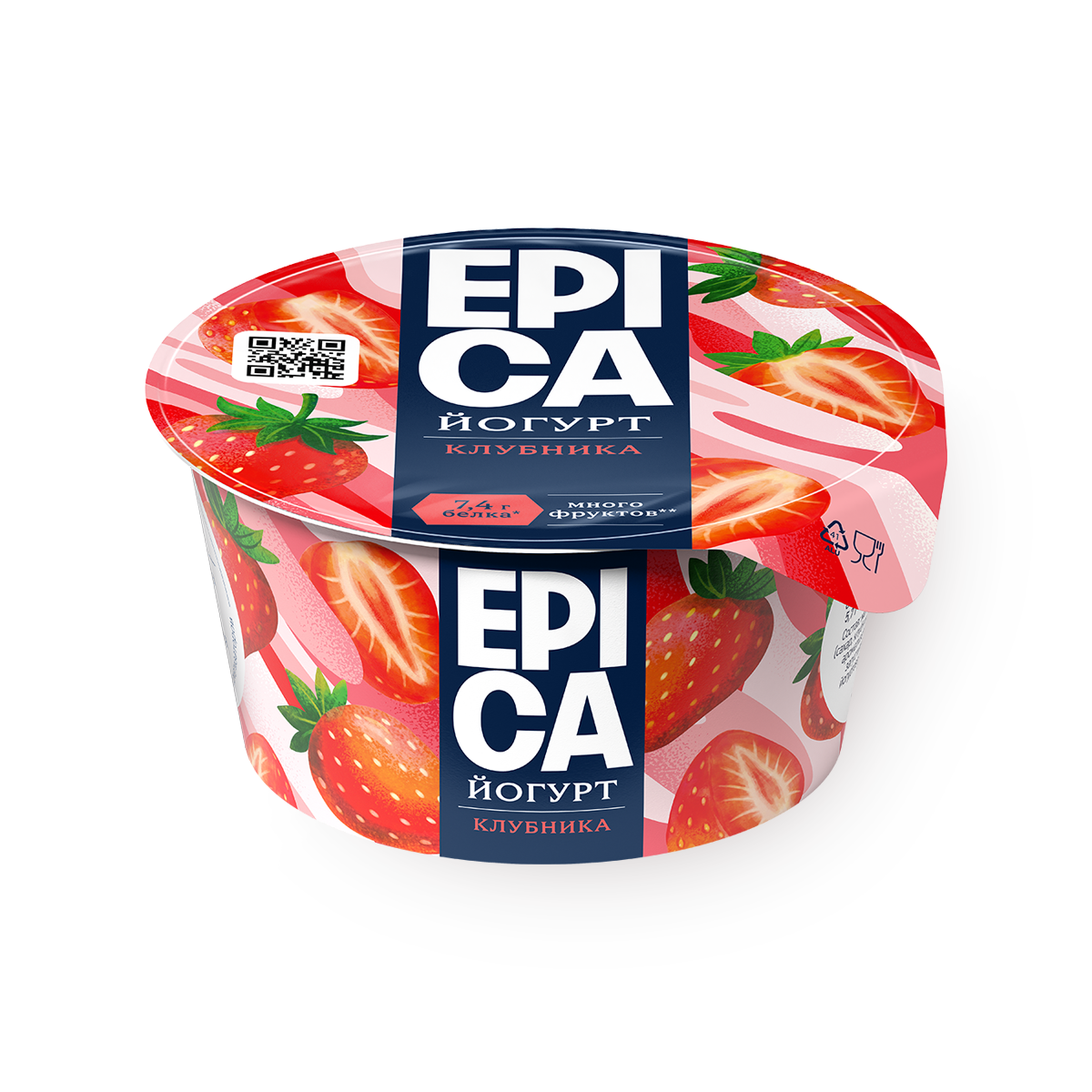 Йогурт Epica, с клубникой, 4,8%, в пластиковом стакане, 130 г, от +2 °с до +6 °с