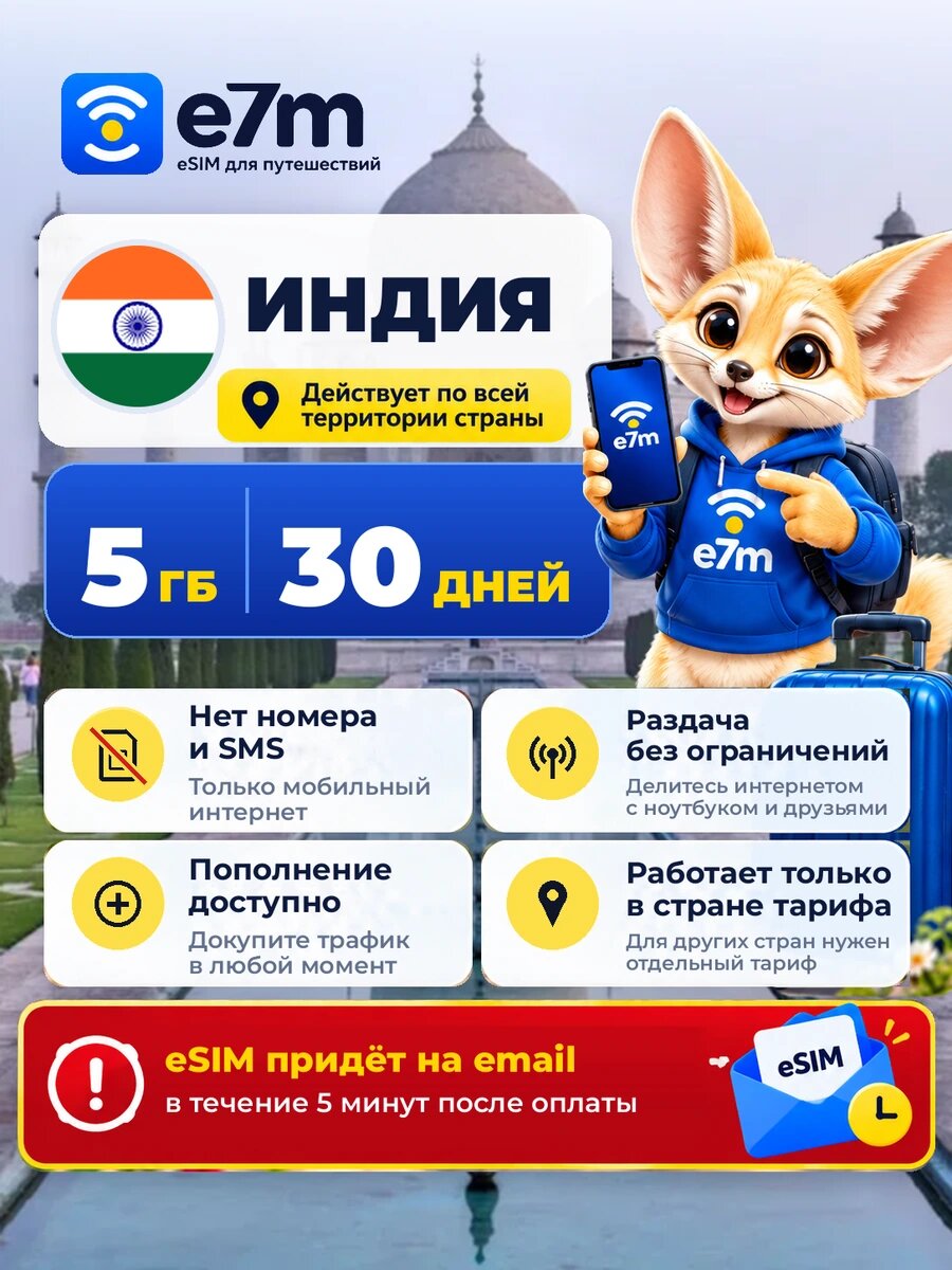 ESIM Индия — мобильный интернет 5 ГБ на 30 дней | виртуальная SIM-карта для путешествий