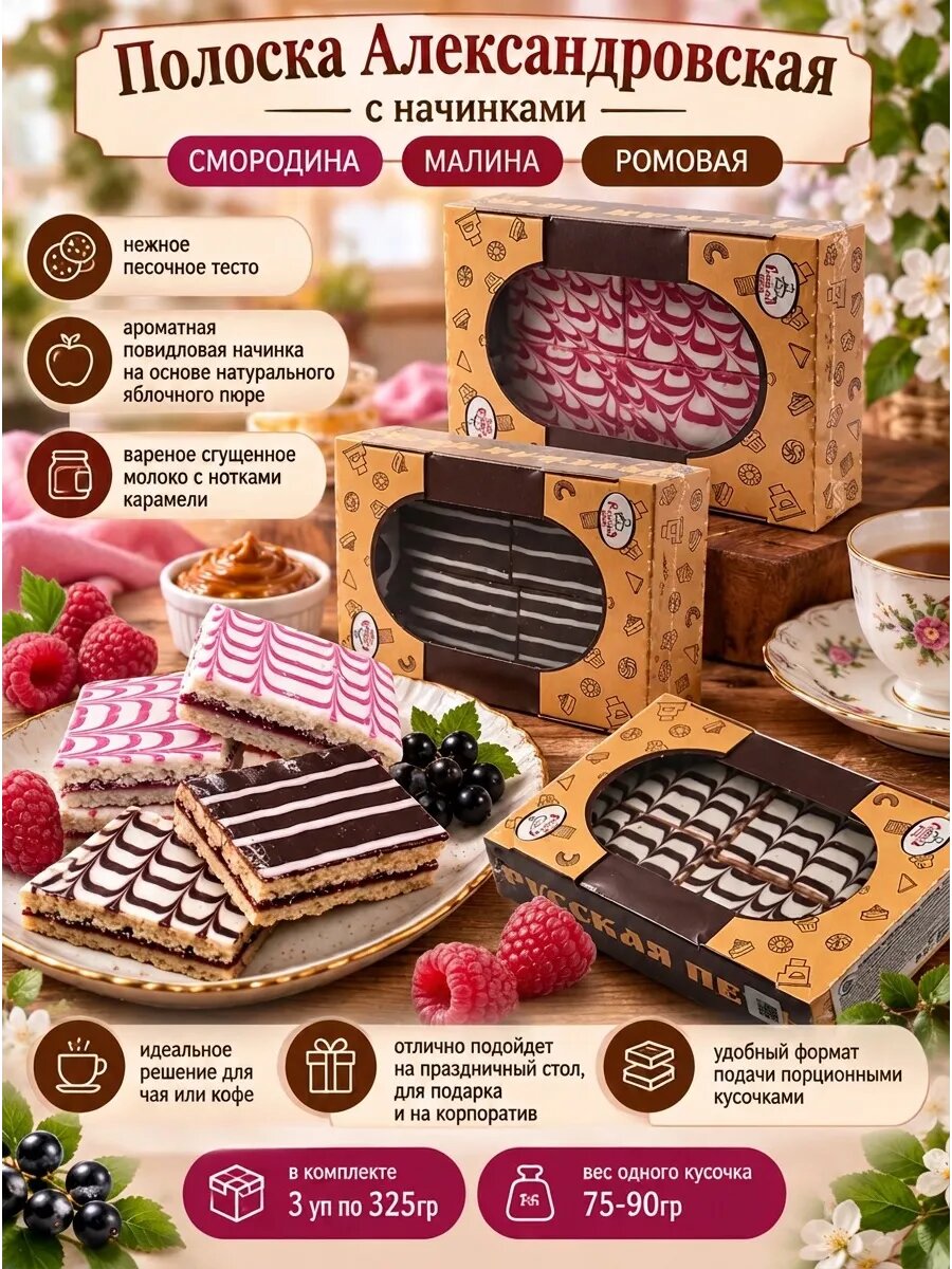 Полоска Александровская малина, смородина, ромовая,3х325 гр