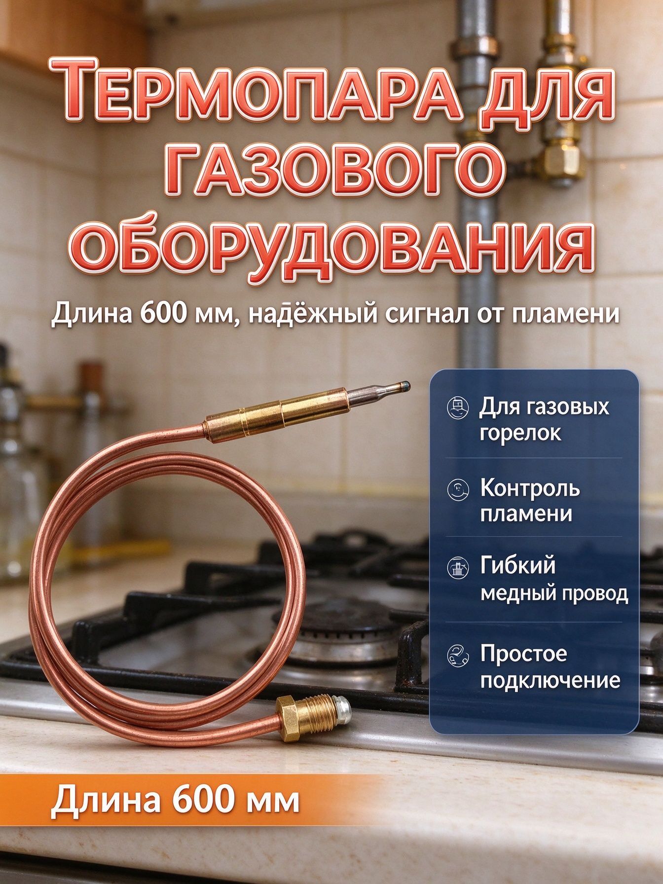 Термопары для газового оборудования. Термопары длиной 600 мм, предназначенные для газовых приборов, оснащенных котлами с системами автомати