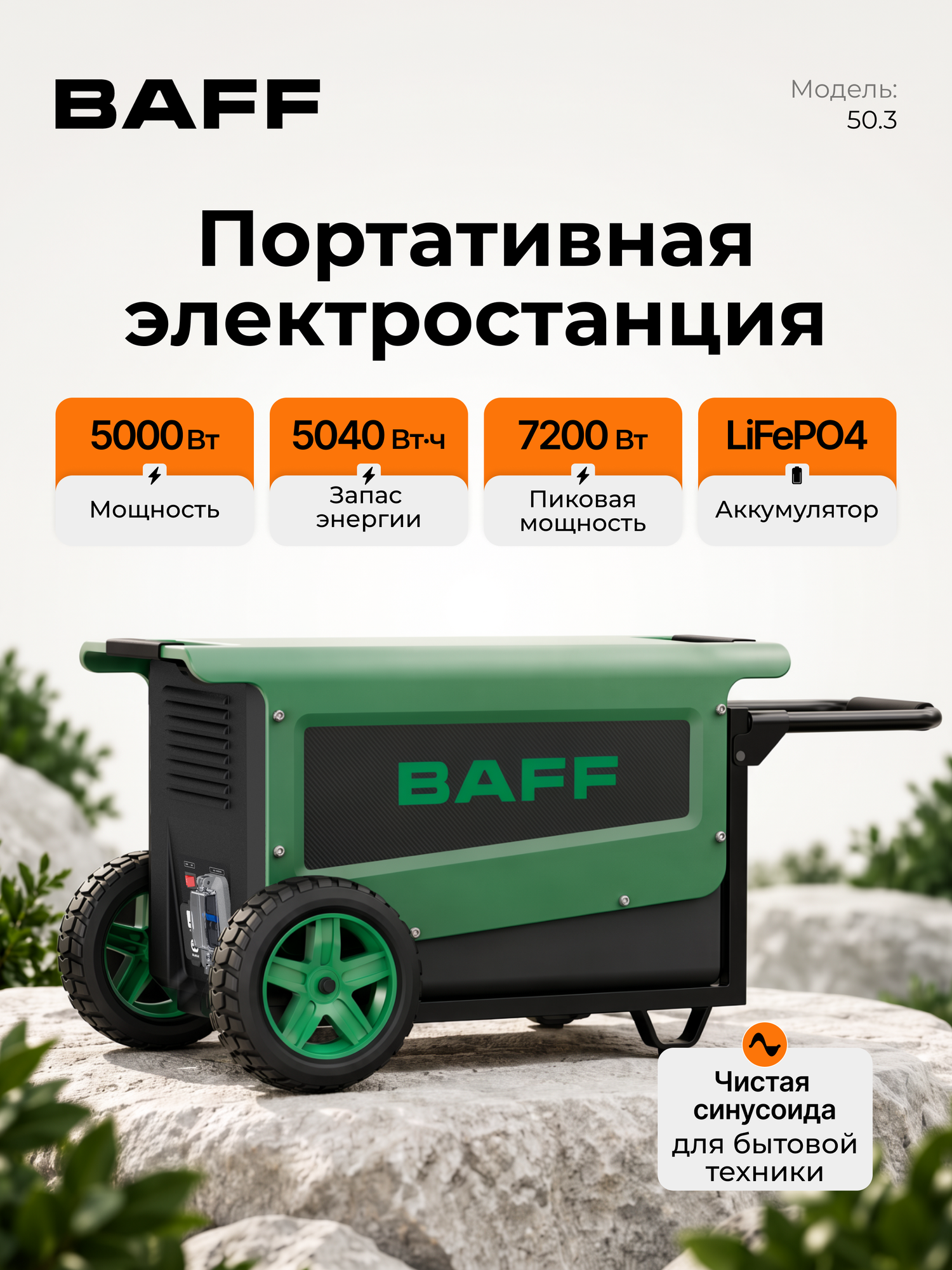 Портативная электростанция BAFF 50.3, мощность 5000 Вт, ёмкость 5040 Вт*ч