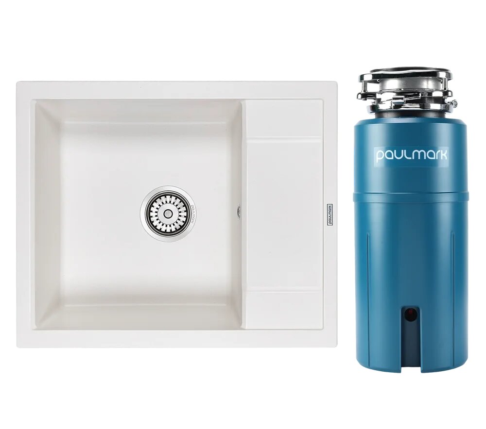 Комплект Мойка Paulmark Flugen 50-600 PM216050-WH 60x50, белая, искусственный гранит / Измельчитель Intenso I-800 электрический