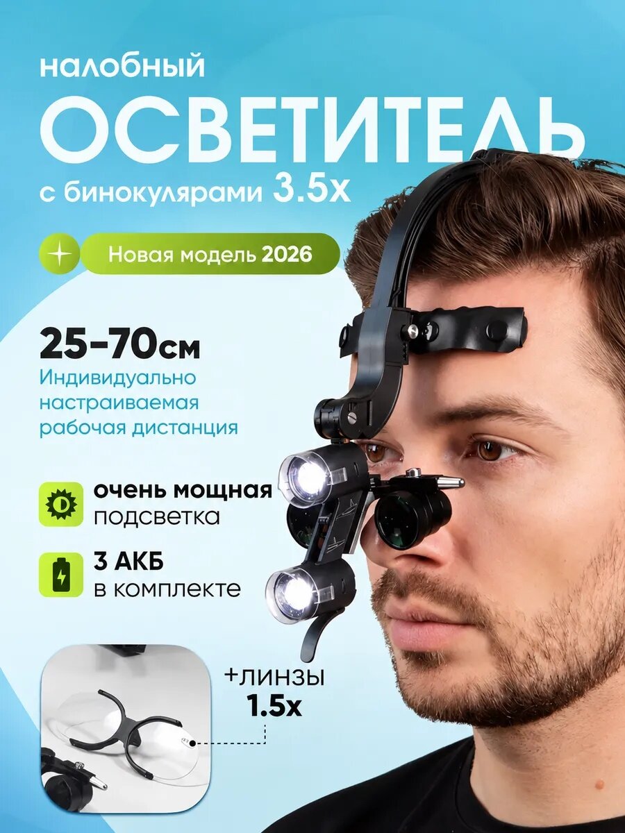 Налобный осветитель с бинокулярами 3.5х + 3 АКБ 2000 mAh + линза 1.5х (черный)