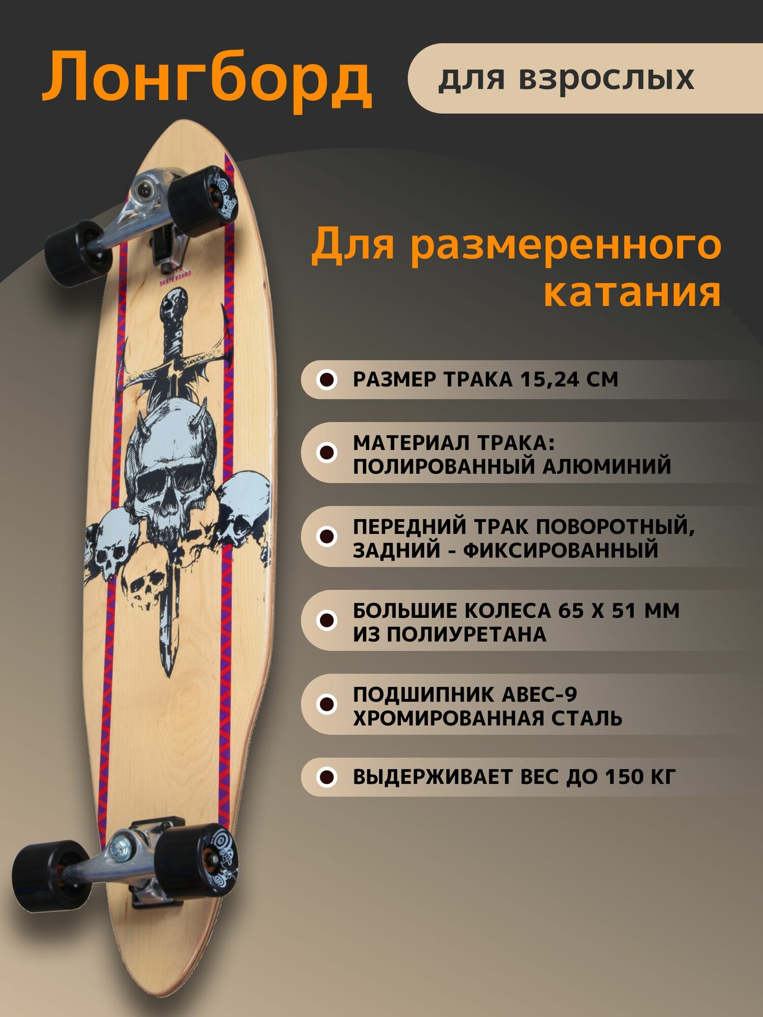 Лонгборд городской профессиональный для взрослых MITE 39" x 9,875" (108 x 25 см) с колесами PU 65х51 мм, нагрузка до 150 кг