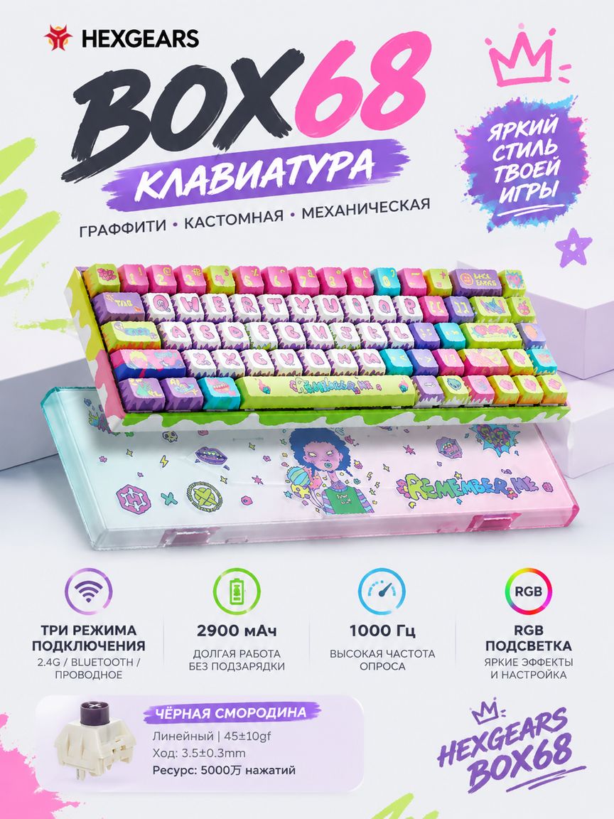 Беспроводная механическая клавиатура HEXGEARS BOX68 Graffiti (Gasket, Hot-Swap 5-pin, PBT, 3 режима, RGB) для ПК и Mac