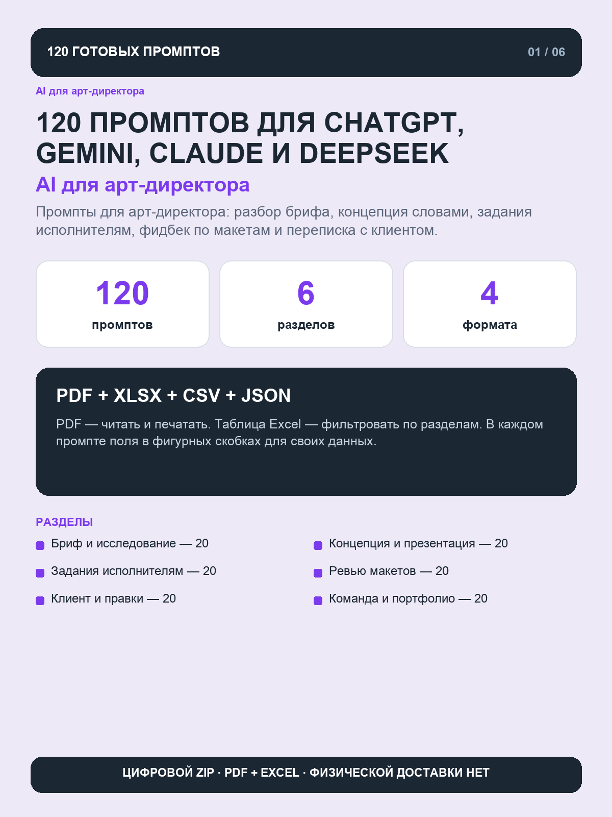 AI для арт-директора: 120 промптов для ChatGPT, Gemini, Claude и DeepSeek, цифровая книга PDF A4
