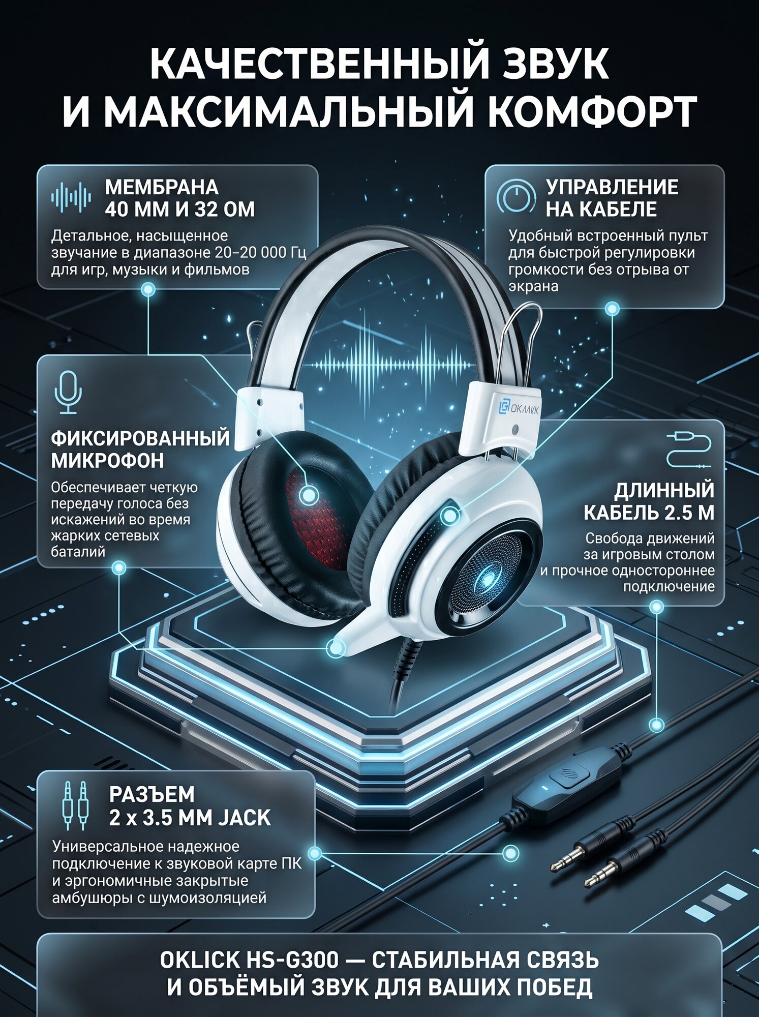 Наушники с микрофоном Oklick HS-G300 белый/черный 2.5м мониторы (AH-V1W)