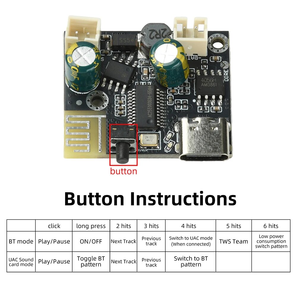 Плата моноусилителя BPM13 Plus Bluetooth 5.4, 3.7-5.0В DC, 6.2Вт, класс D, аудиомодуль с портом Type-C и USB-интерфейсом