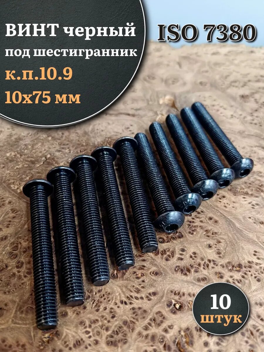 Винт чёрный 10х75 ISO 7380 под шестигранник к. п.10.9, 10 шт.